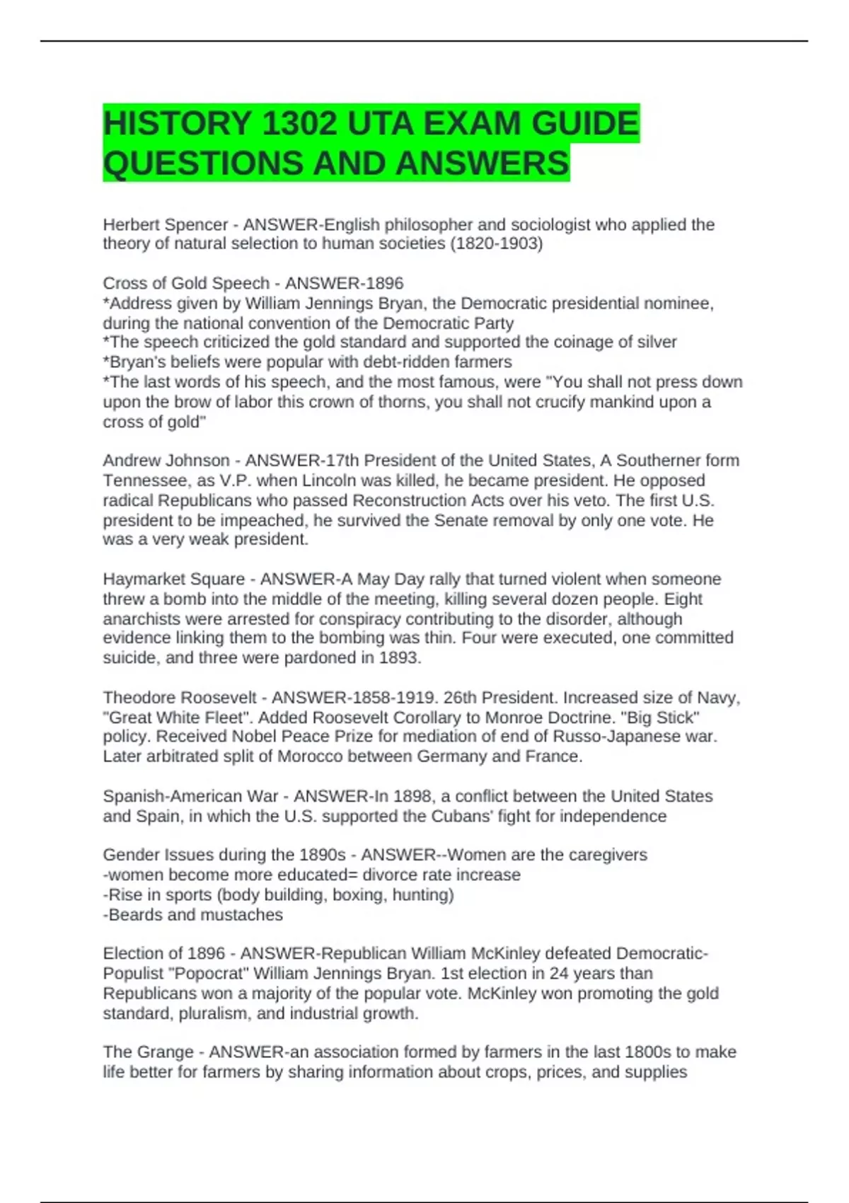 HISTORY 1302 UTA EXAM GUIDE QUESTIONS AND ANSWERS - UTA - Stuvia US