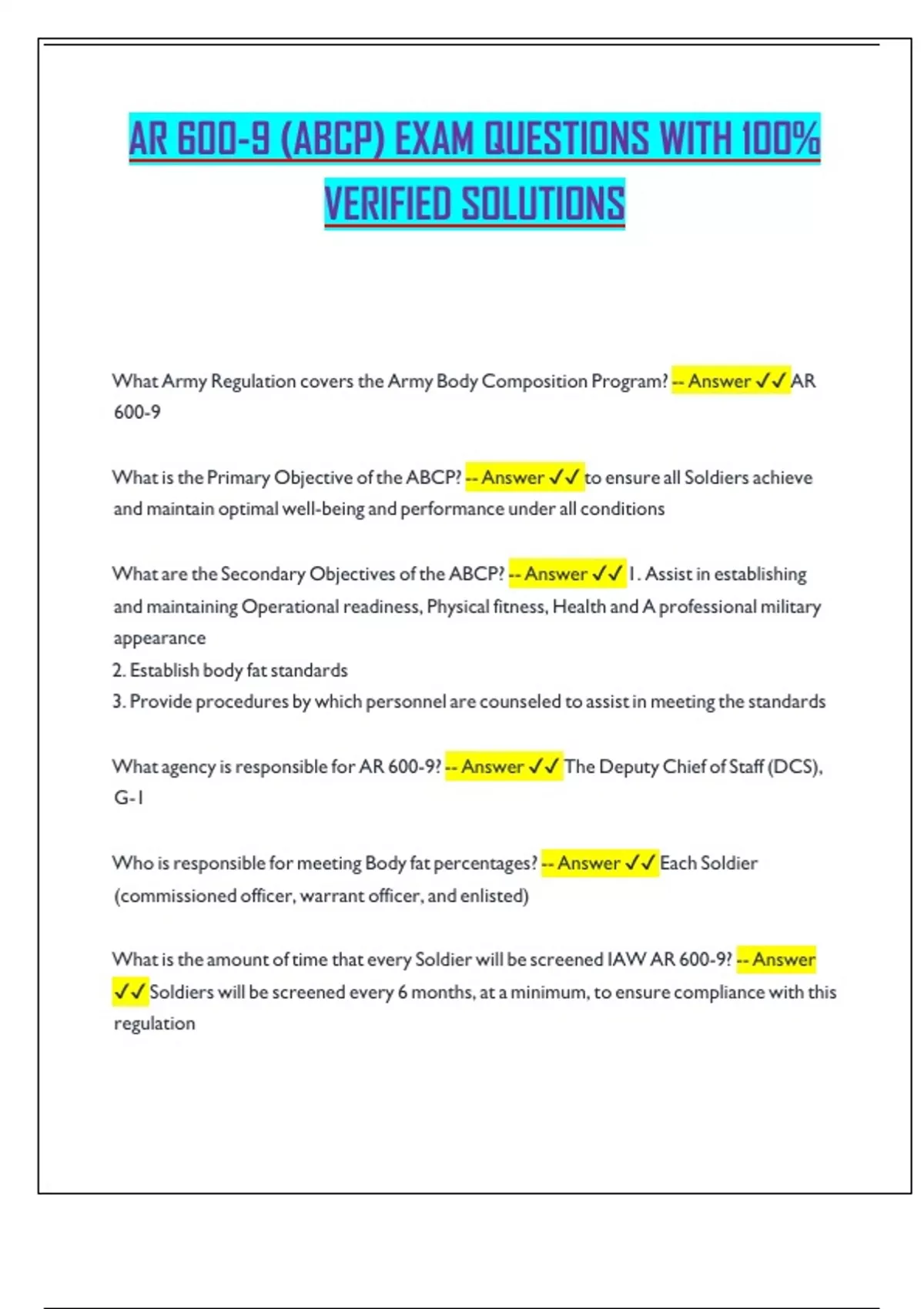 AR 600-9 (ABCP) EXAM QUESTIONS WITH 100% VERIFIED SOLUTIONS - AR 600-9 ...