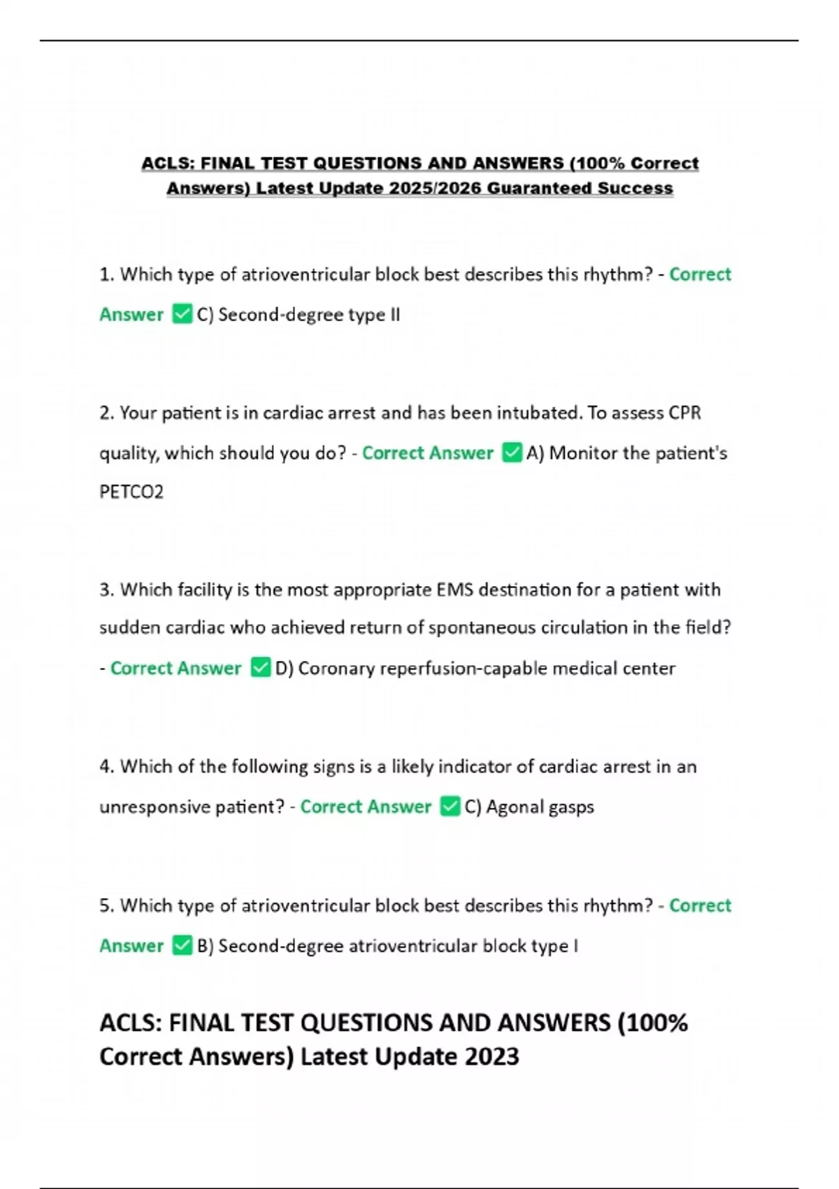 ACLS: FINAL TEST QUESTIONS AND ANSWERS (100% Correct Answers) Latest ...