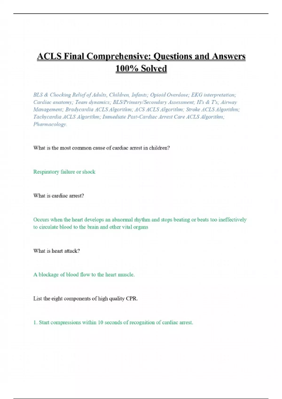 ACLS Final Comprehensive: Questions and Answers 100% Solved - ACLS ...