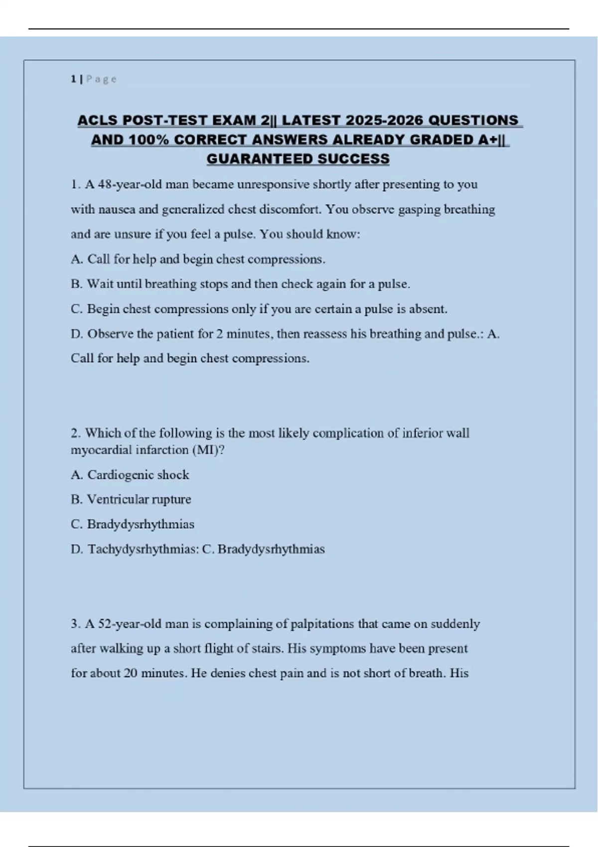 ACLS POST-TEST EXAM 2|| LATEST QUESTIONS AND 100% CORRECT ANSWERS ...