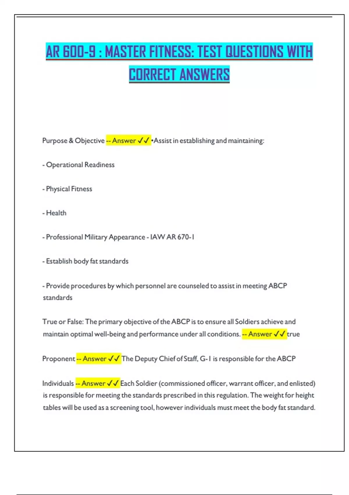 AR 600-9: MASTER FITNESS TEST QUESTIONS WITH CORRECT ANSWERS - AR 600-9 ...