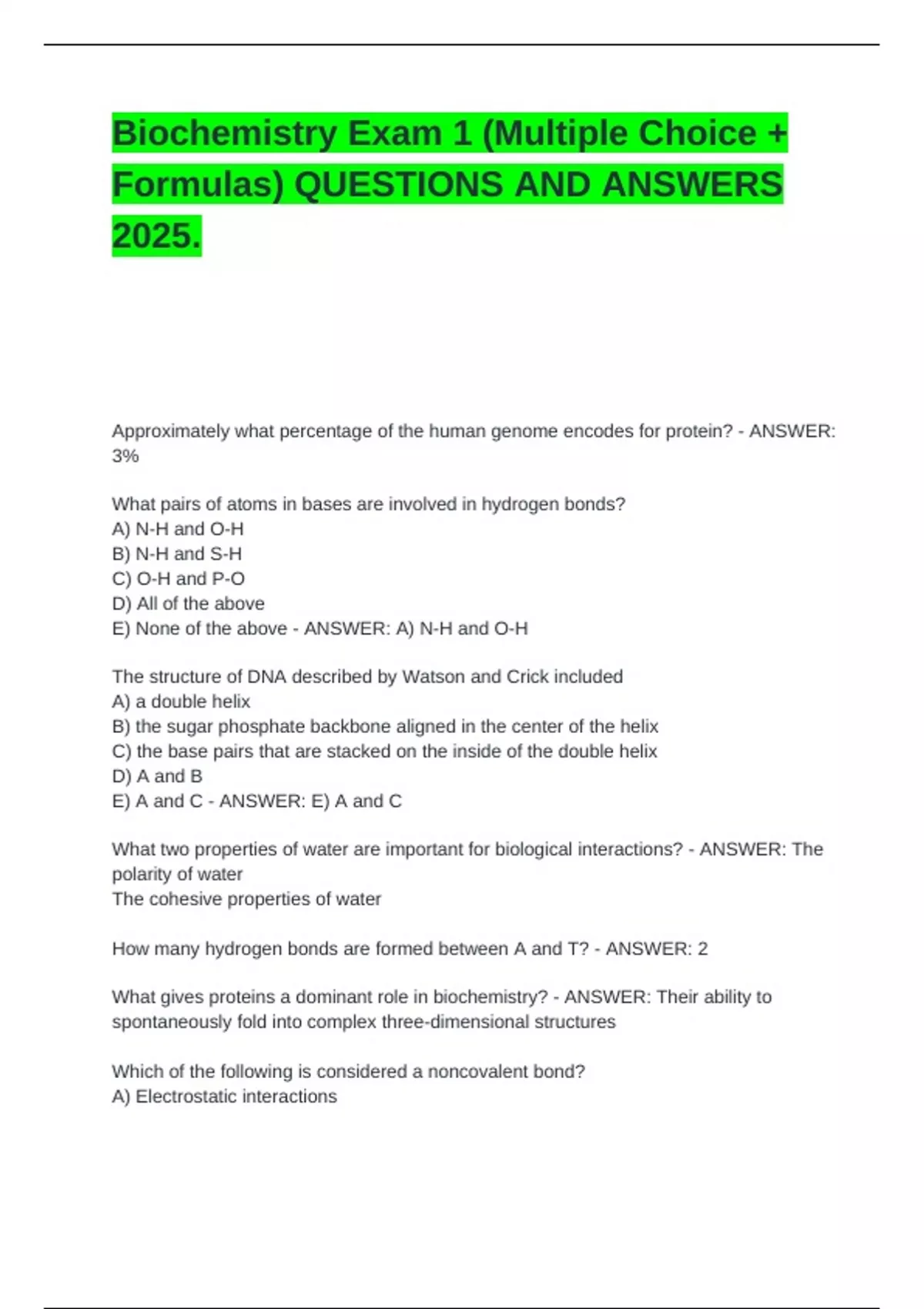 Biochemistry Exam 1 (Multiple Choice + Formulas) QUESTIONS AND ANSWERS ...