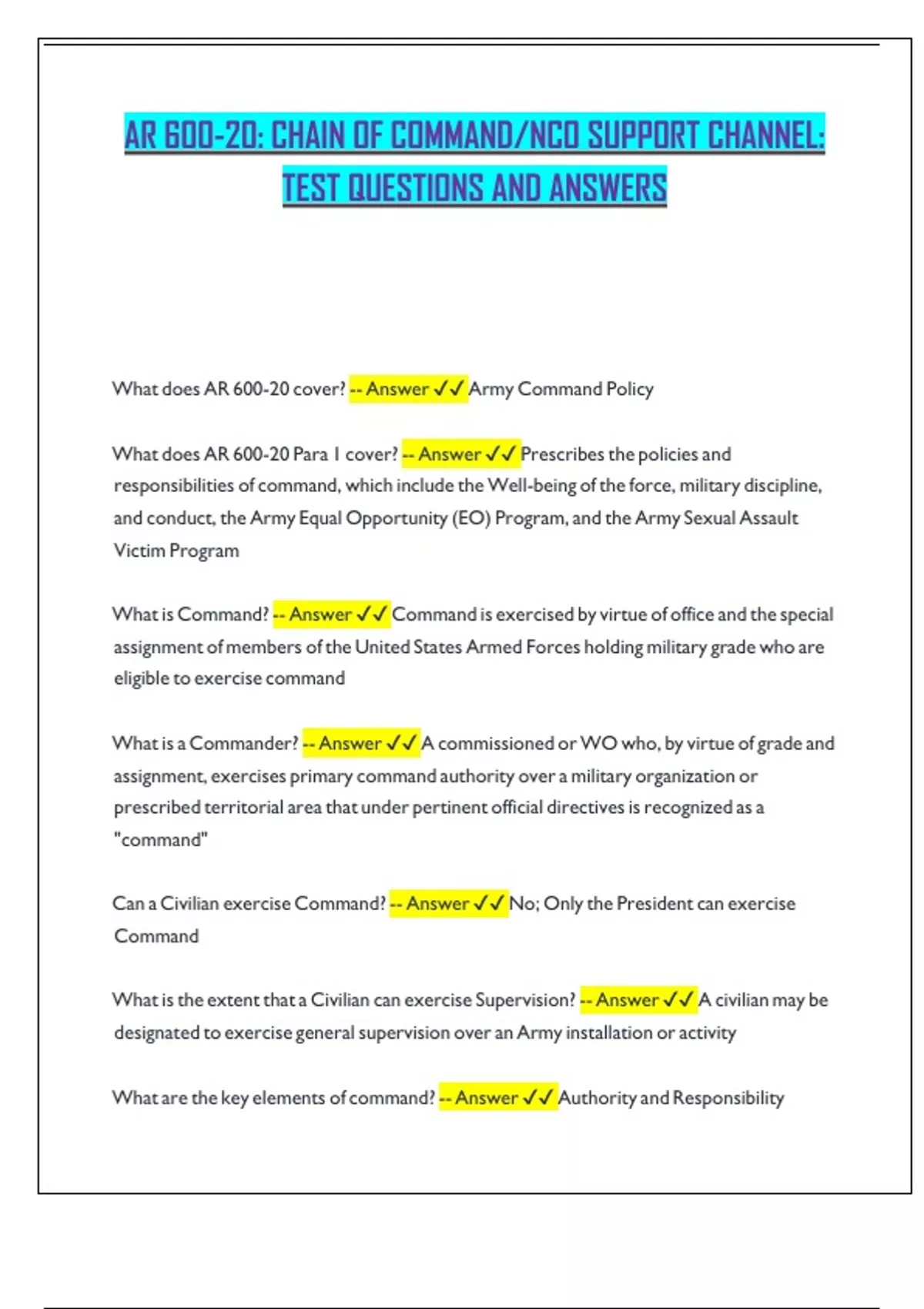 AR 600-20 CHAIN OF COMMAND & NCO SUPPORT CHANNEL- TEST QUESTIONS AND ...