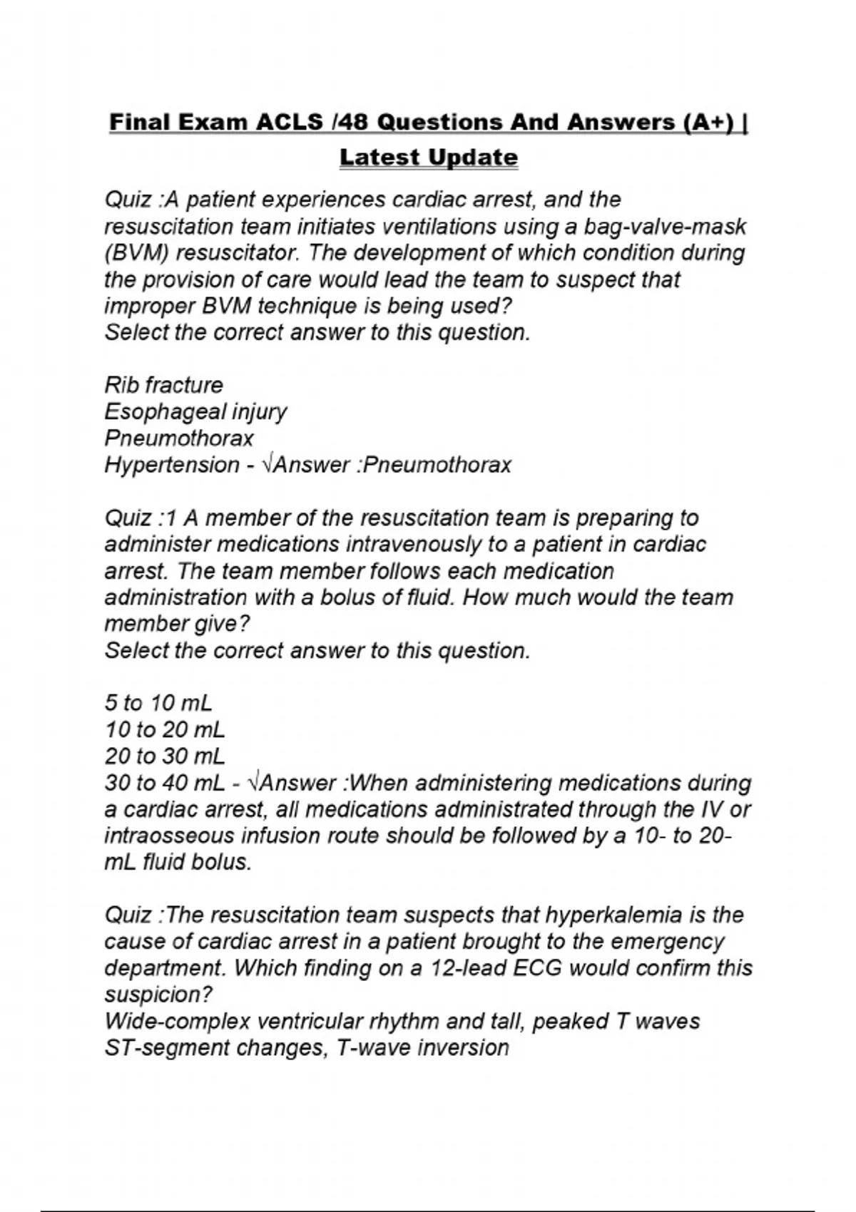 Final Exam ACLS /48 Questions And Answers (A+) | Latest Update - ACLS ...
