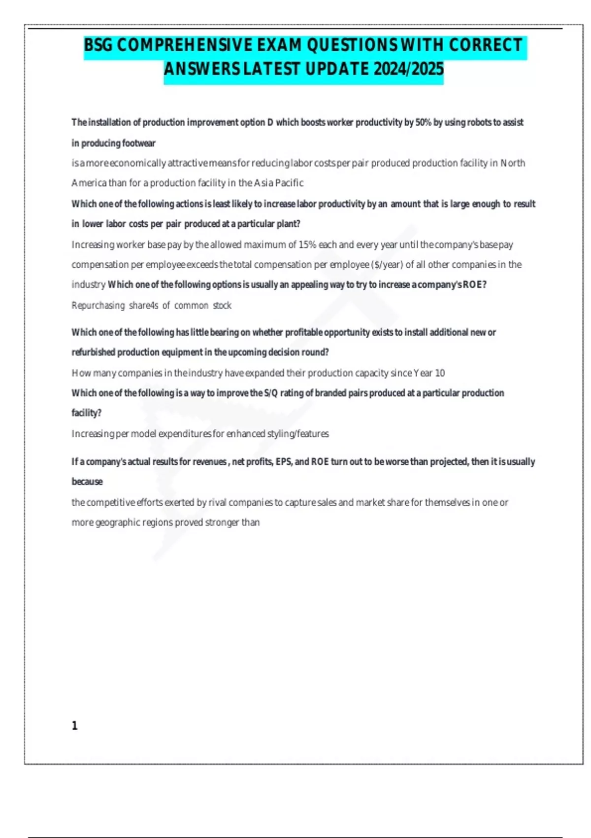 BSG COMPREHENSIVE EXAM QUESTIONS WITH CORRECT ANSWERS LATEST UPDATE ...