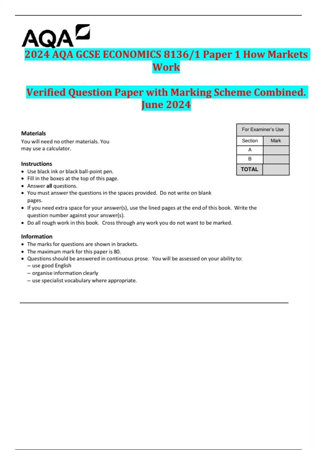 2024 AQA GCSE ECONOMICS 8136/1 Paper 1 How Markets Work Verified ...