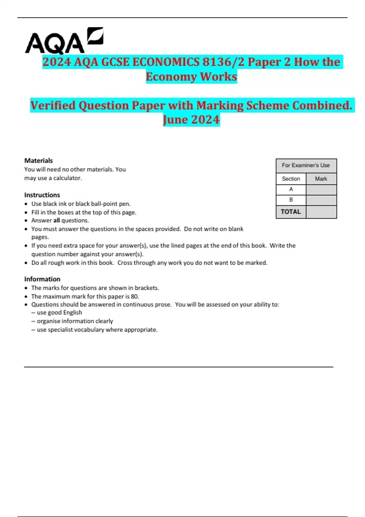 2024 AQA GCSE ECONOMICS 8136/2 Paper 2 How the Economy Works Verified ...