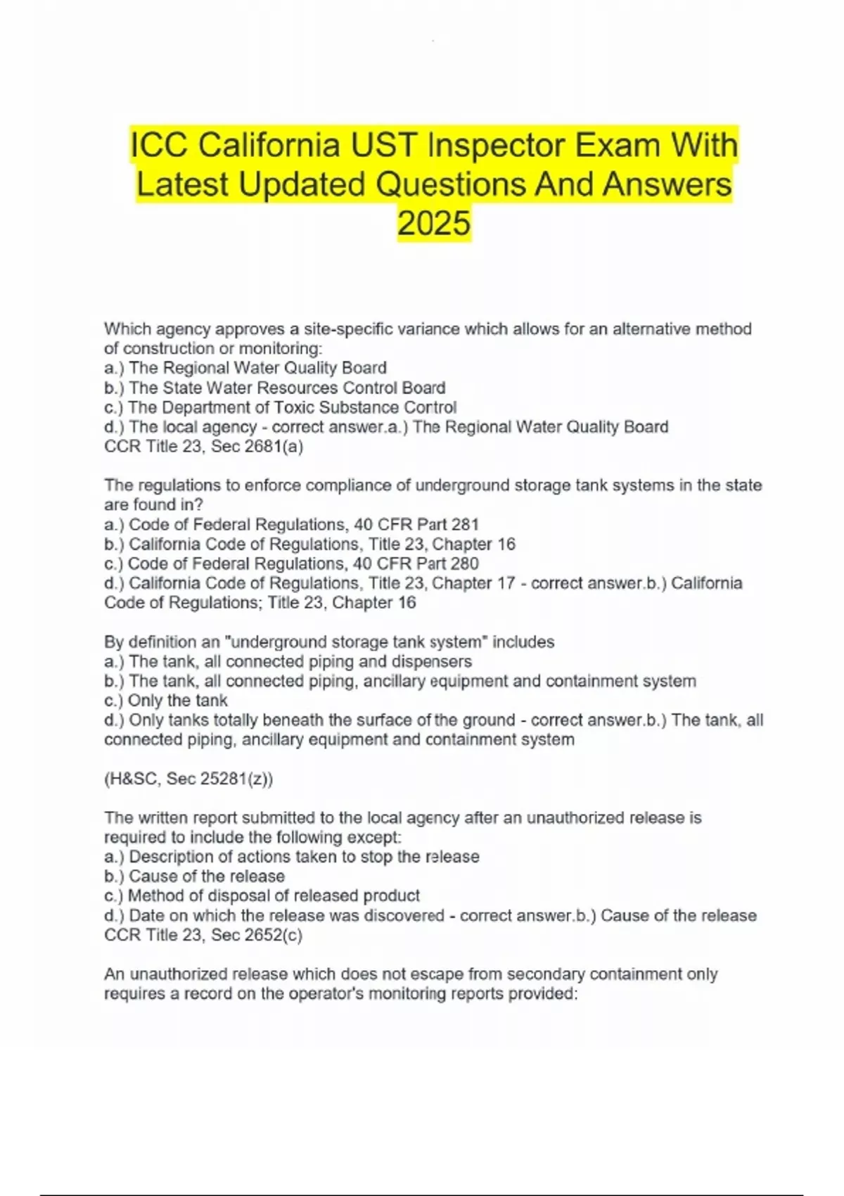 ICC California UST Inspector Exam With Latest Updated Questions And ...