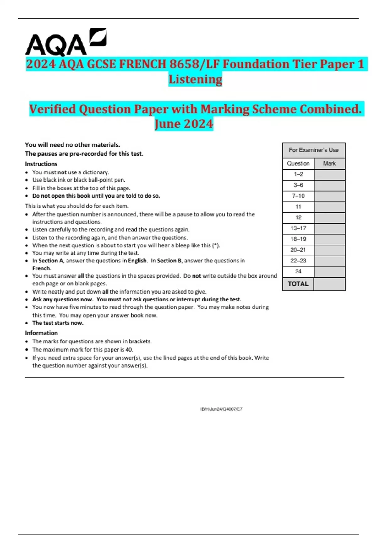 2024 AQA GCSE FRENCH 8658/LF Foundation Tier Paper 1 Listening Verified ...