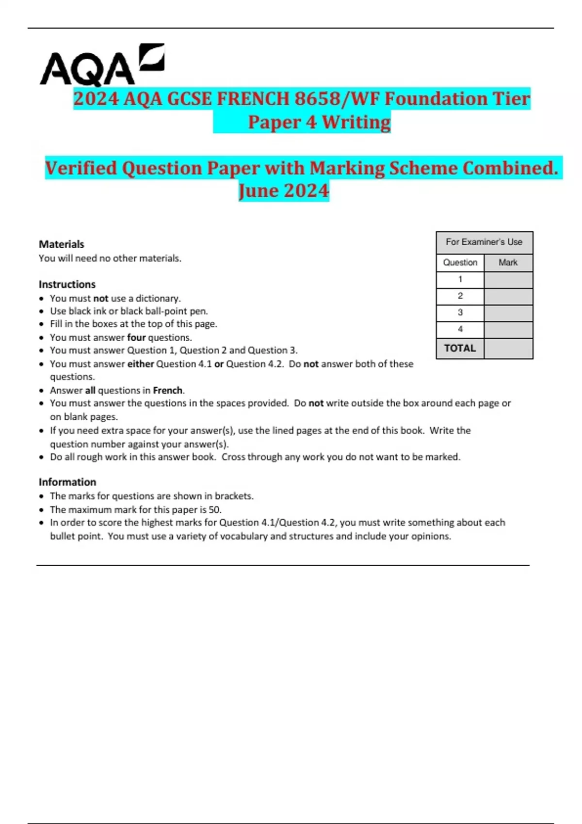 2024 AQA GCSE FRENCH 8658/WF Foundation Tier Paper 4 Writing Verified ...