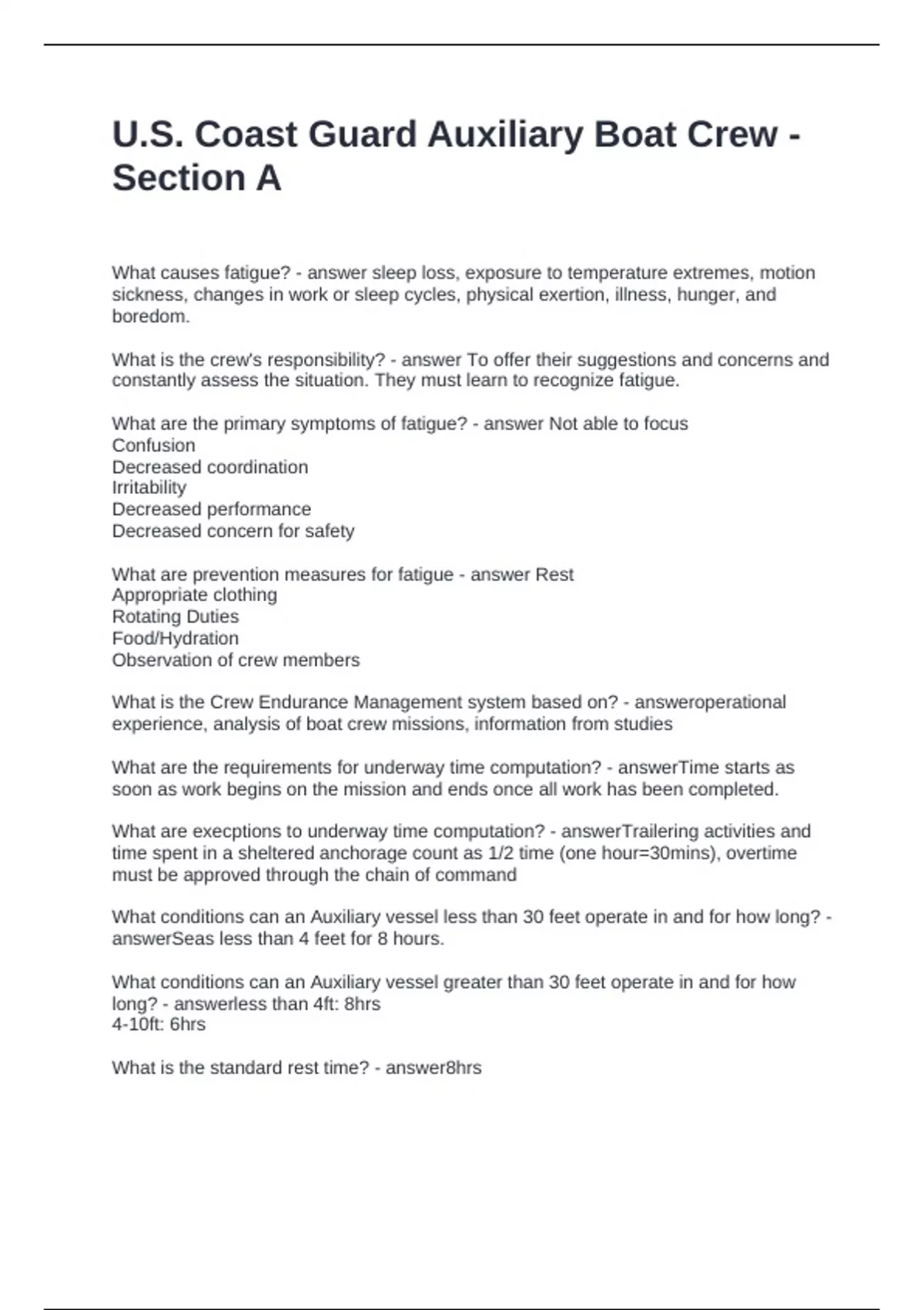 U.S. Coast Guard Auxiliary Boat Crew - Section A Questions and Answers ...