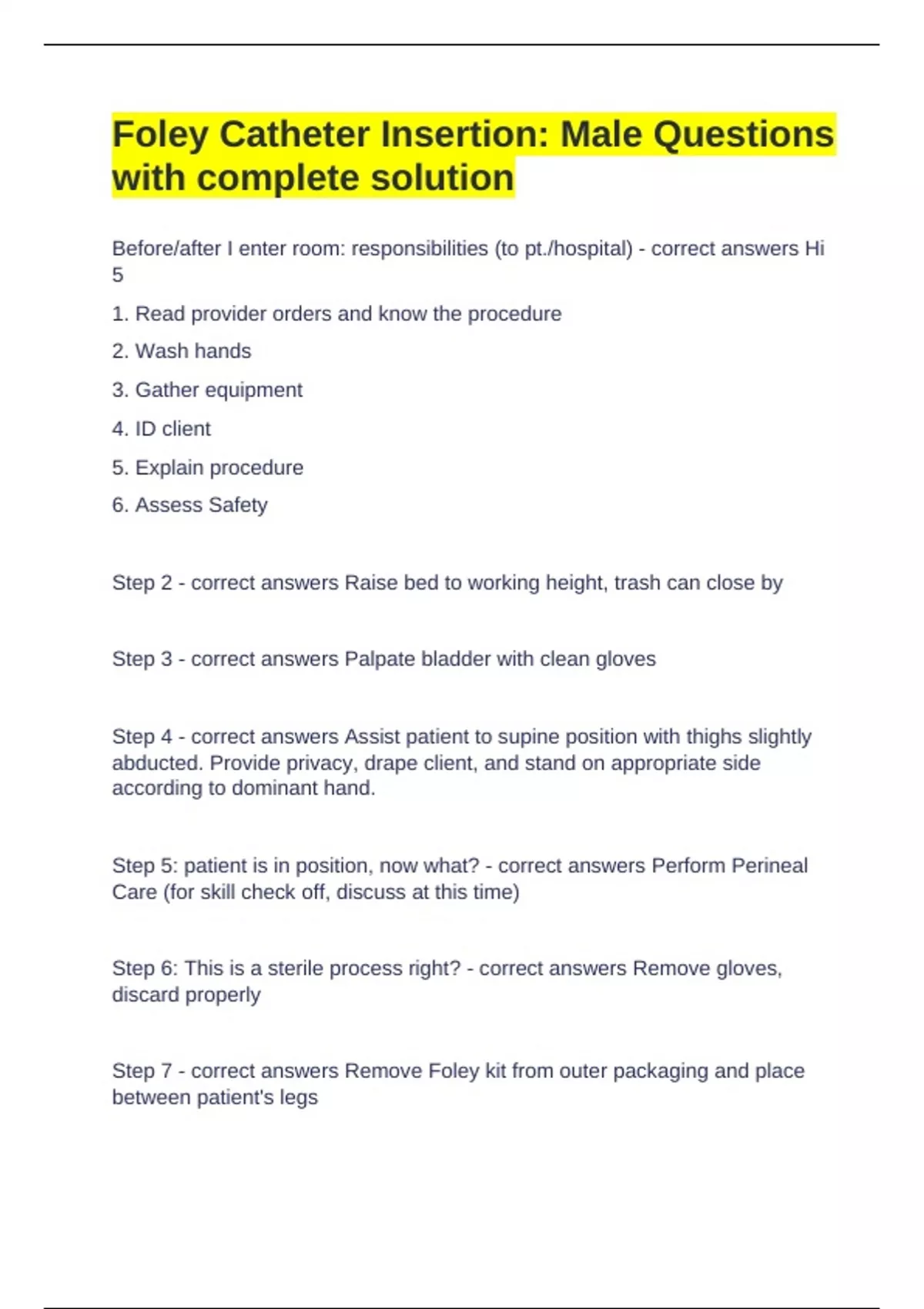 Foley Catheter Insertion: Male Questions with complete solution ...