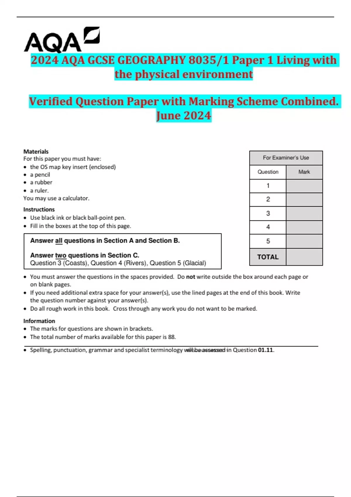2024 AQA GCSE GEOGRAPHY 8035/1 Paper 1 Living with the physical environment Verified Question ...