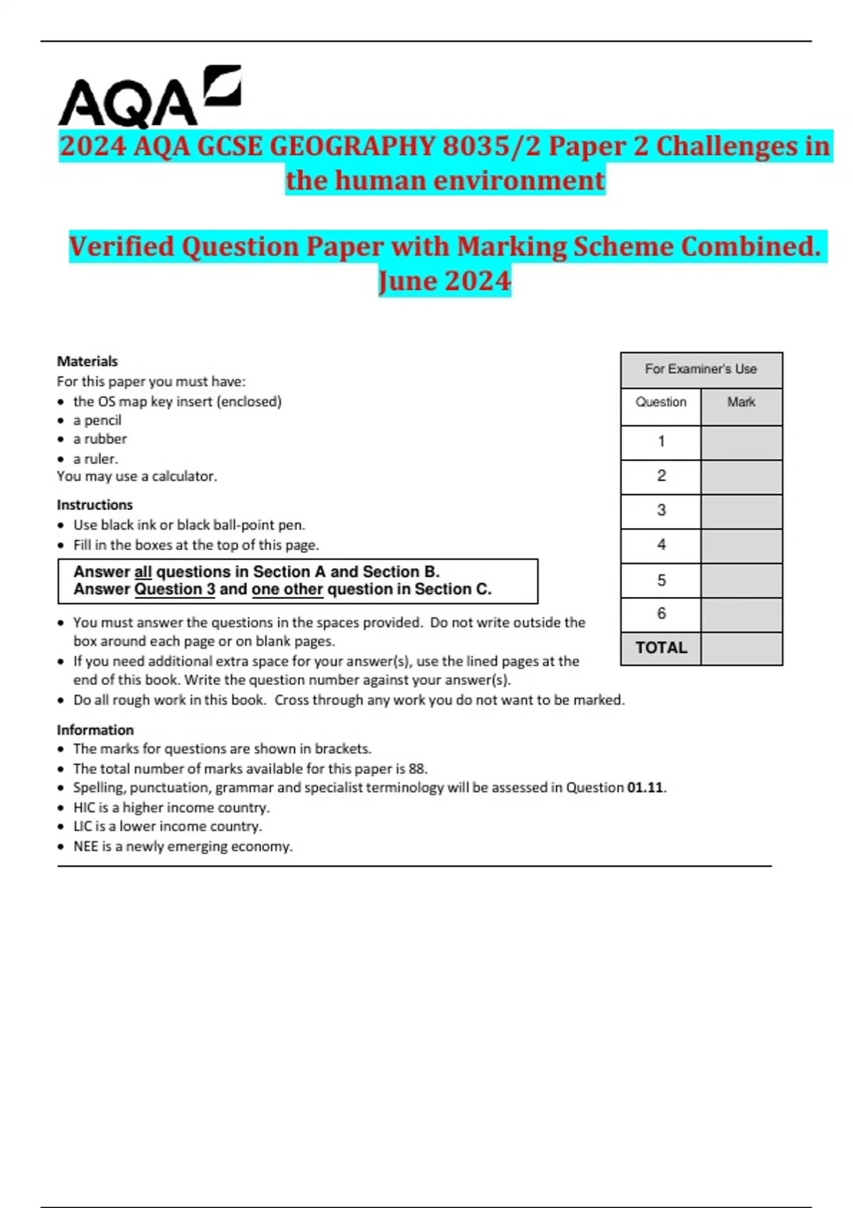 2024 AQA GCSE GEOGRAPHY 8035/2 Paper 2 Challenges in the human ...