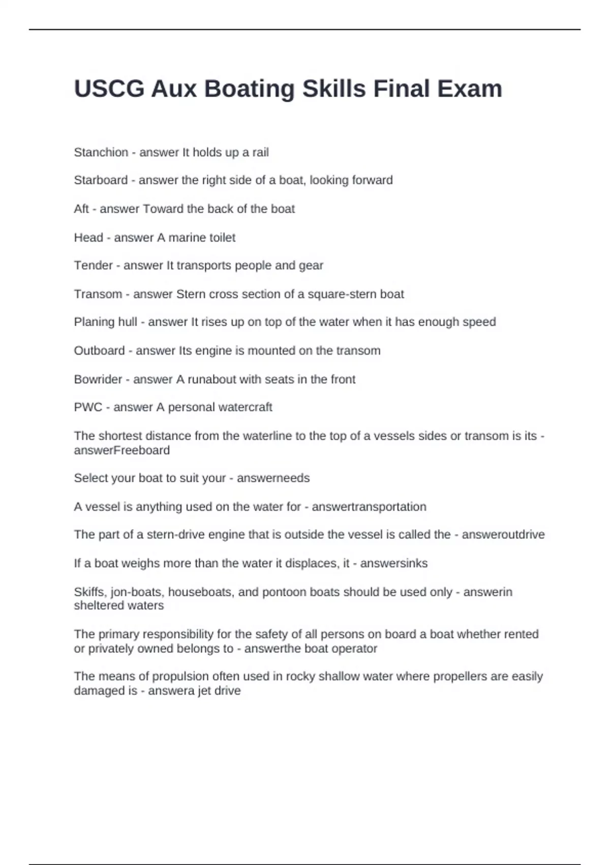 USCG Aux Boating Skills Final Exam Questions and Answers Latest Updated ...