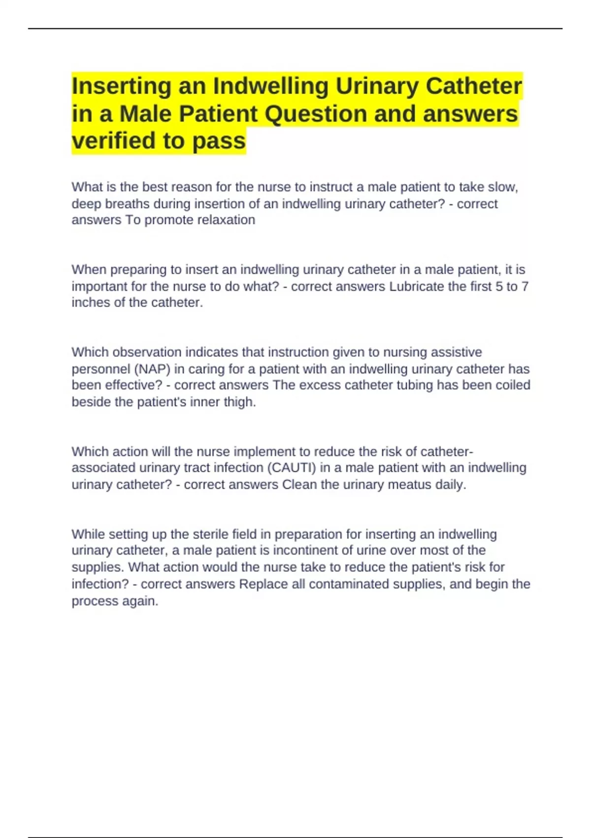 Inserting an Indwelling Urinary Catheter in a Male Patient Question and ...