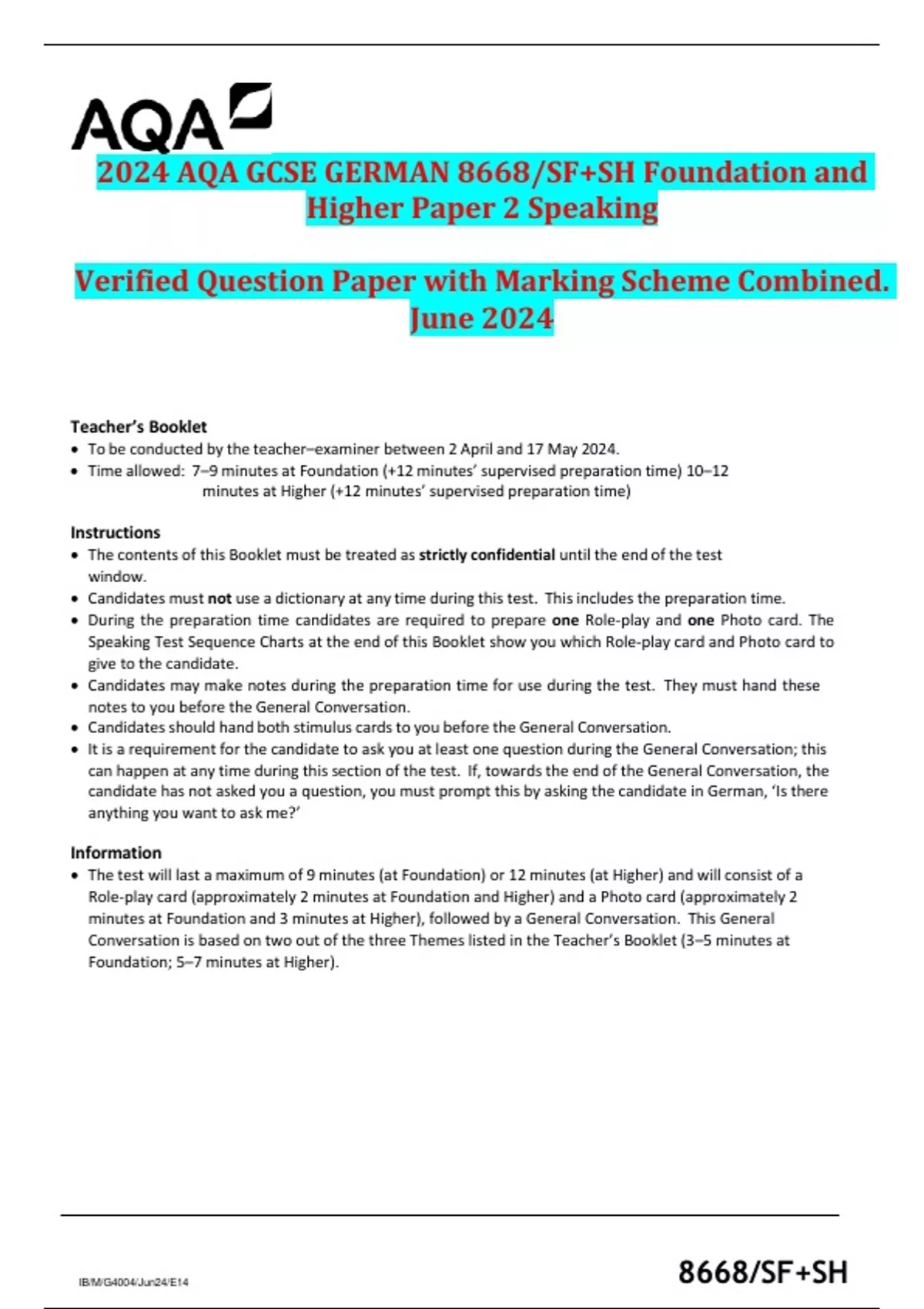 2024 AQA GCSE GERMAN 8668/SF+SH Foundation and Higher Paper 2 Speaking Verified Question Paper ...