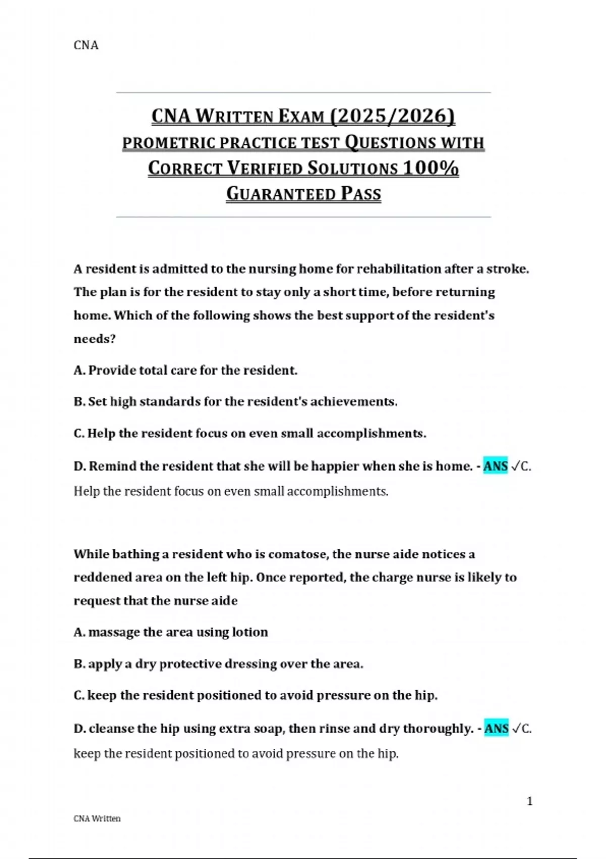 CNA WRITTEN EXAM (2025/2026) PROMETRIC PRACTICE TEST QUESTIONS WITH ...