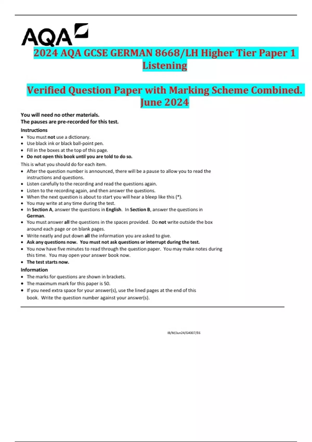 2024 AQA GCSE GERMAN 8668/LH Higher Tier Paper 1 Listening Verified ...