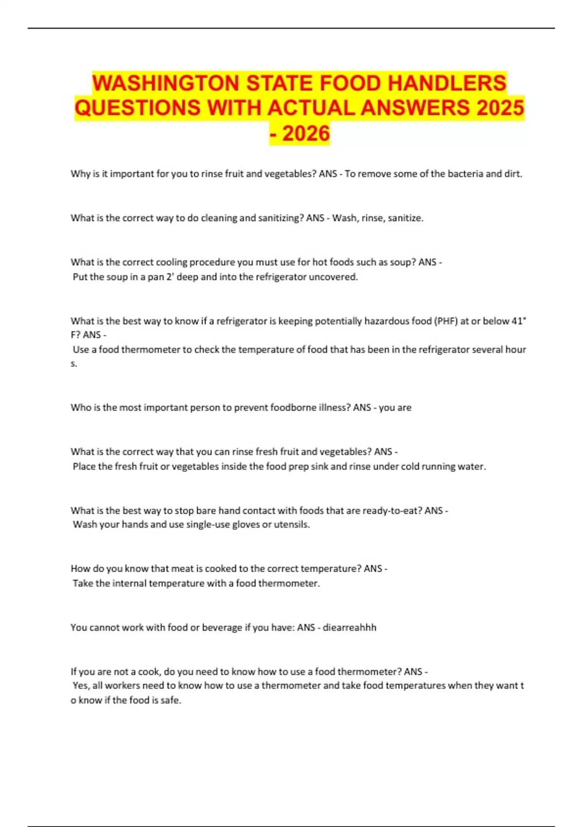 WASHINGTON STATE FOOD HANDLERS QUESTIONS WITH ACTUAL ANSWERS - State ...