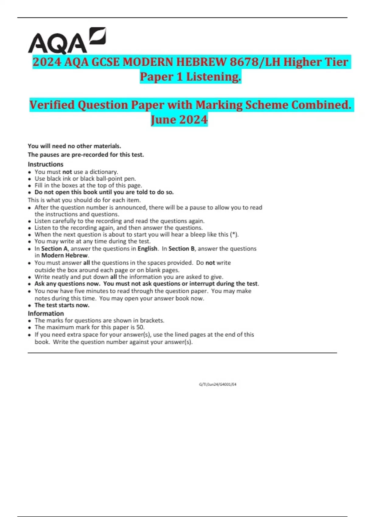 2024 AQA GCSE MODERN HEBREW 8678/LH Higher Tier Paper 1 Listening ...