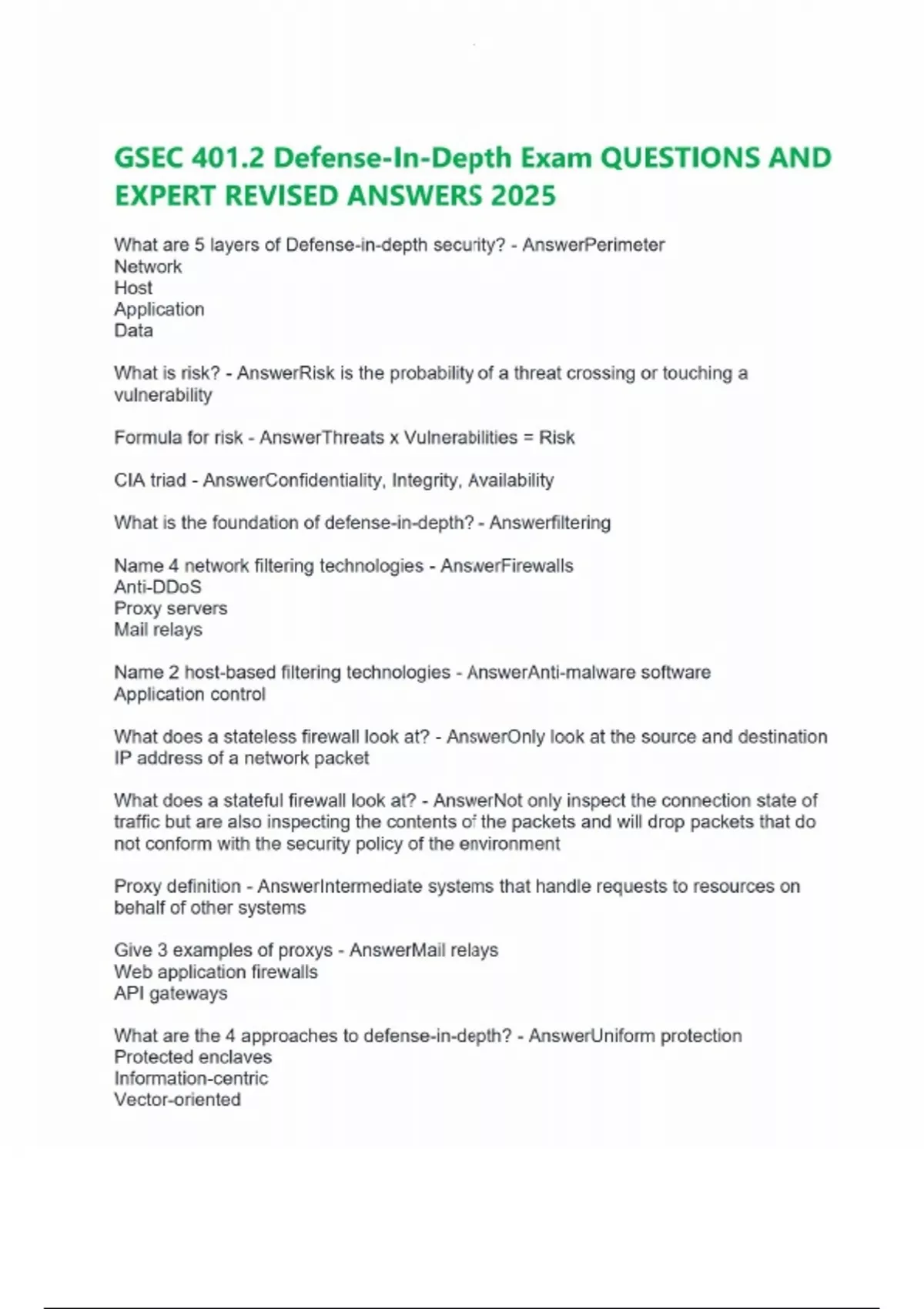 GSEC 401.2 Defense-In-Depth Exam QUESTIONS AND EXPERT REVISED ANSWERS ...