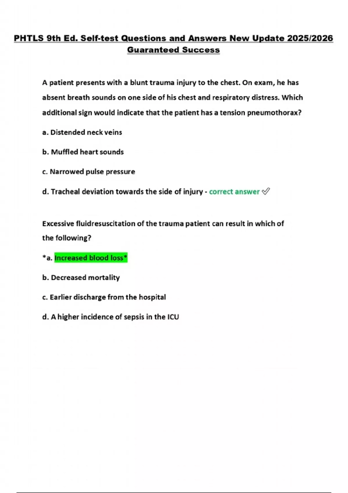 PHTLS 9th Ed. Self-test Questions and Answers New Update 2025/2026 ...