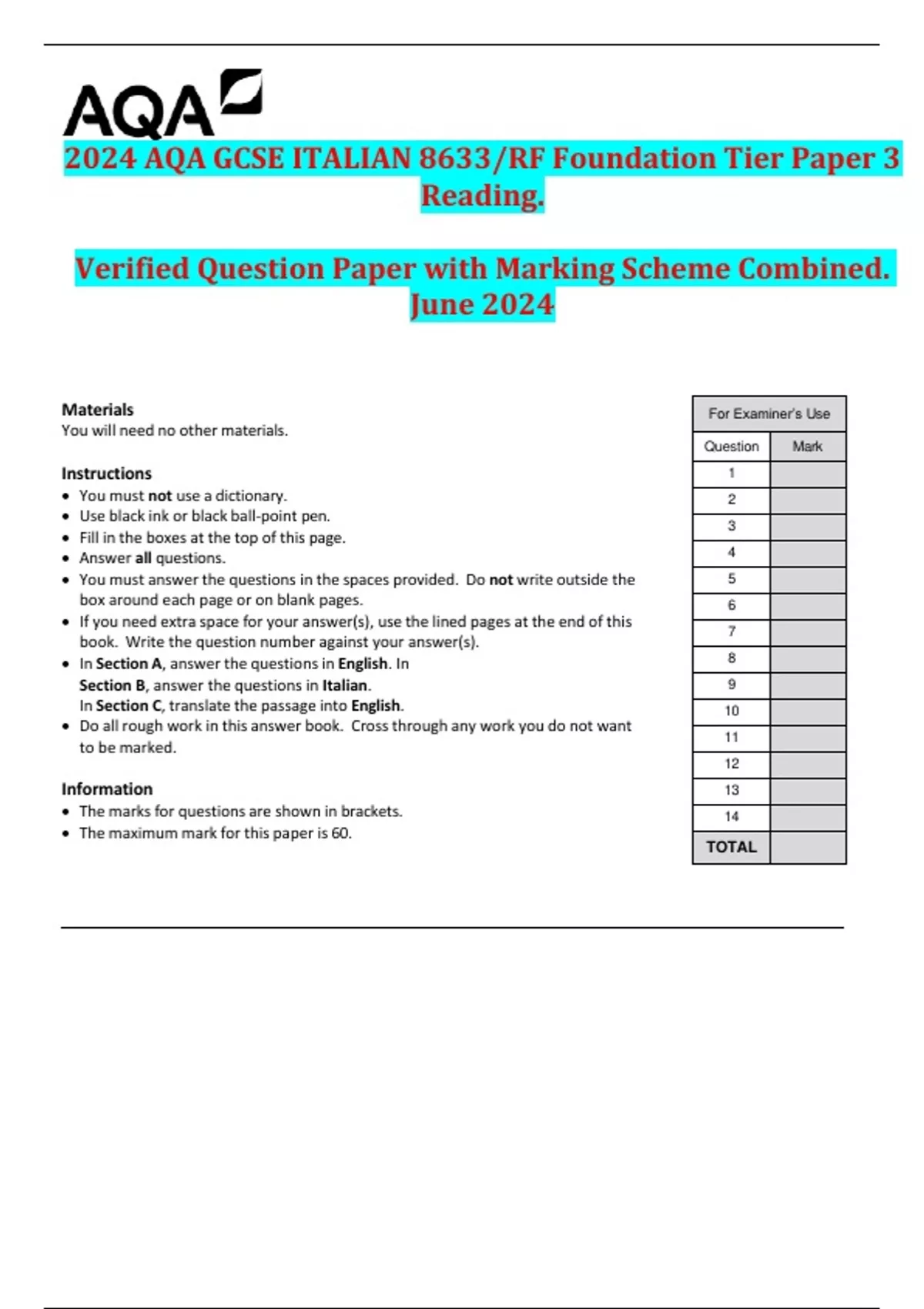 2024 AQA GCSE ITALIAN 8633/RF Foundation Tier Paper 3 Reading. Verified ...