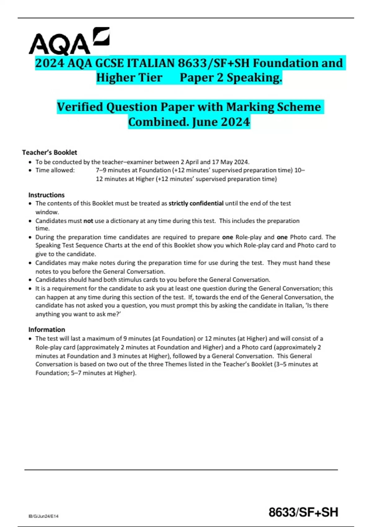 2024 AQA GCSE ITALIAN 8633/SF+SH Foundation and Higher Tier Paper 2 ...