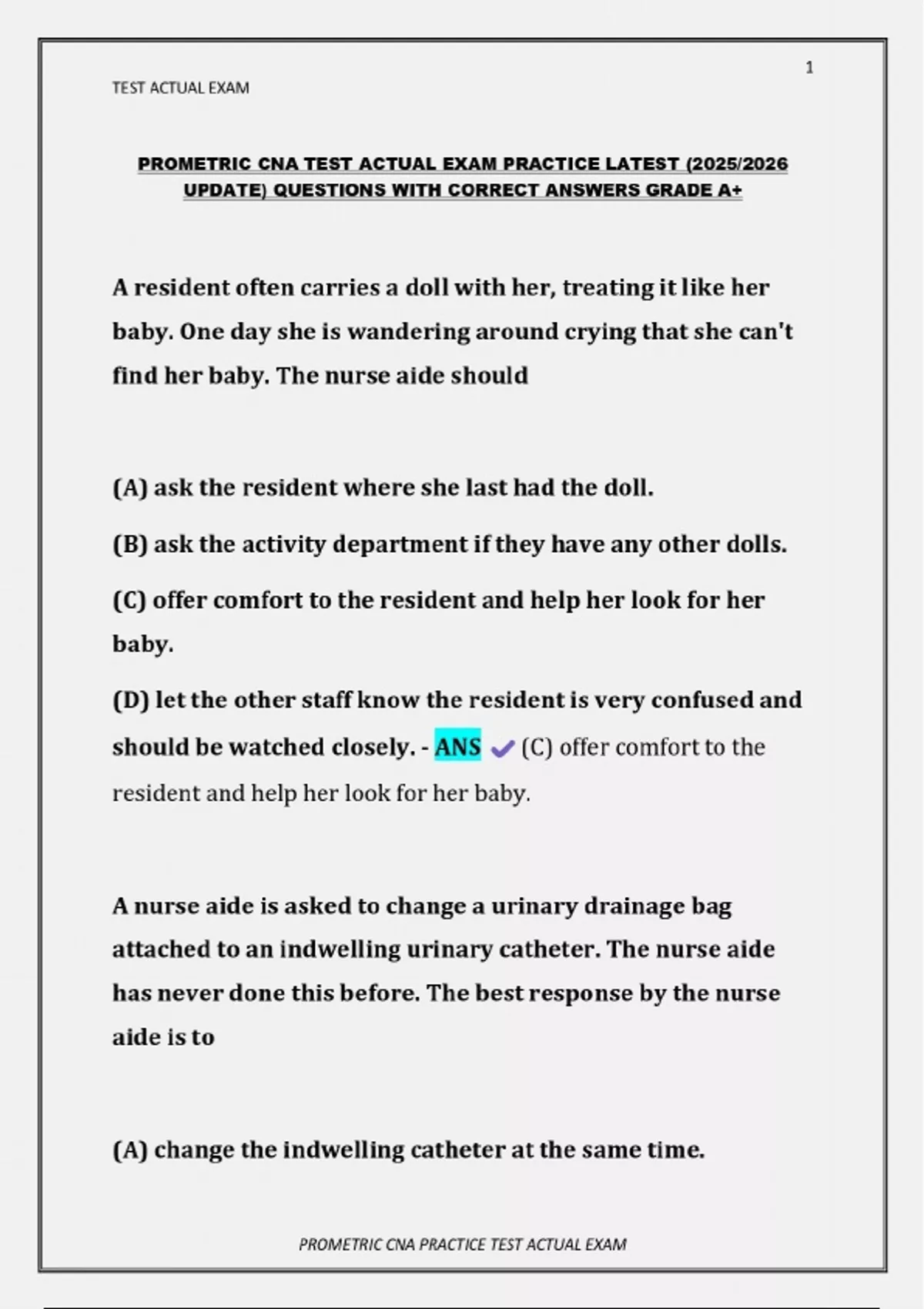 PROMETRIC CNA TEST ACTUAL EXAM PRACTICE LATEST (2025/2026 UPDATE ...