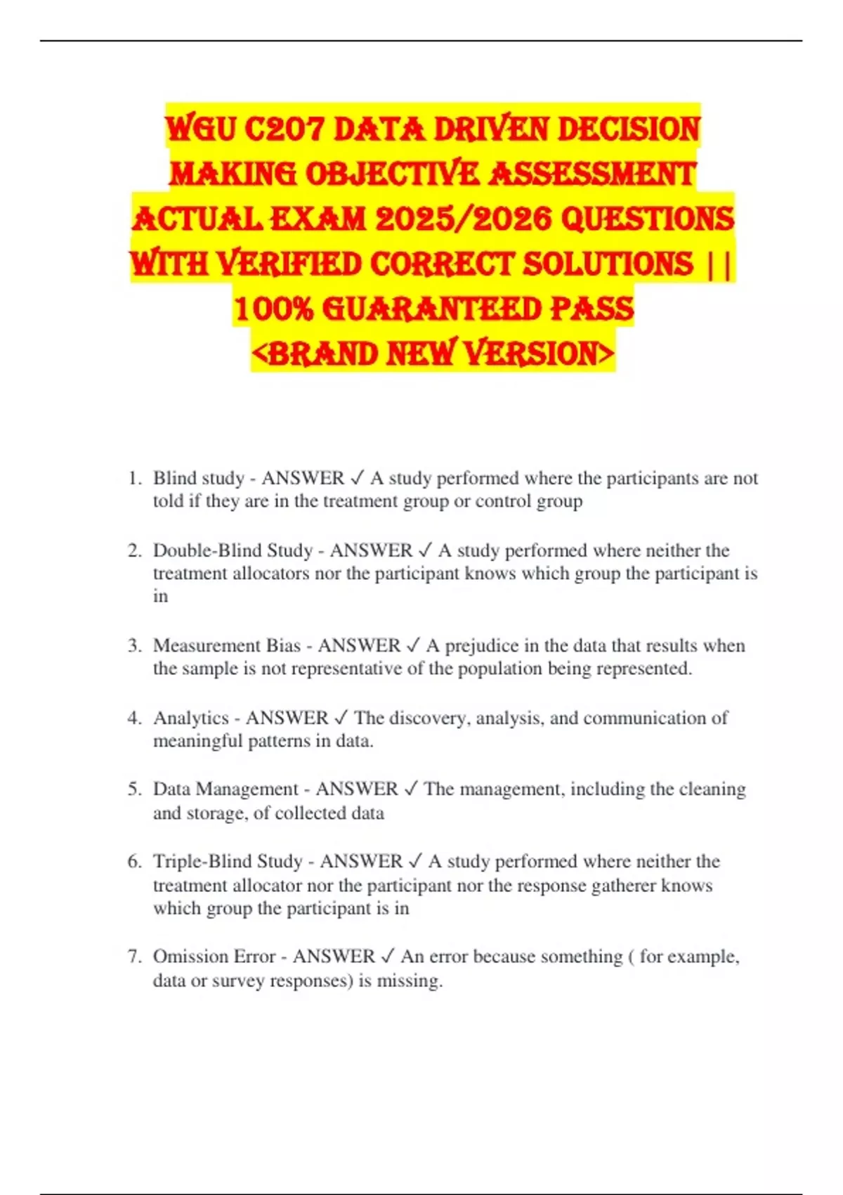 WGU C207 DATA DRIVEN DECISION MAKING OBJECTIVE ASSESSMENT ACTUAL EXAM ...