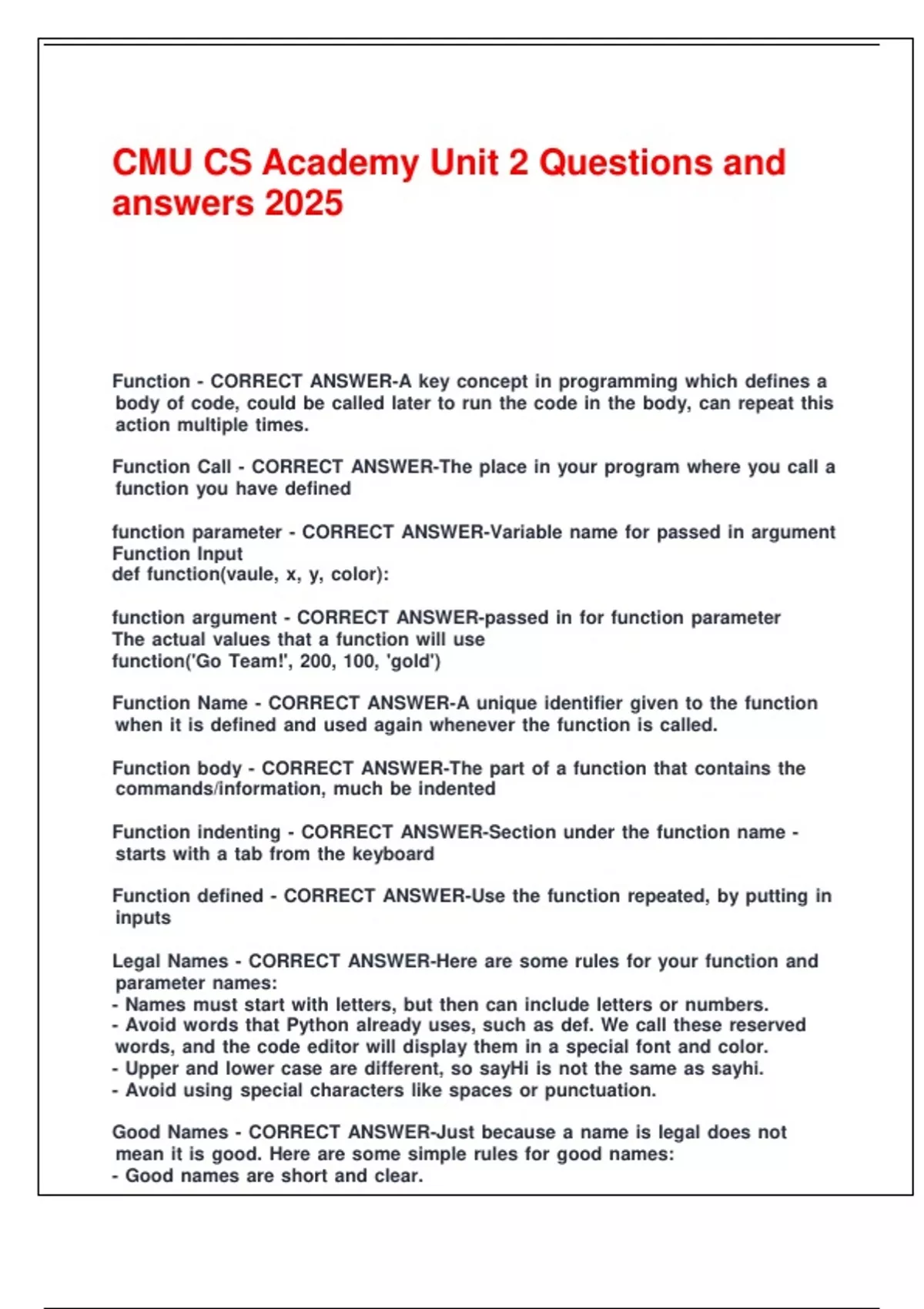 CMU CS Academy Unit 2 Questions and answers 2025. - CMU MSIS - Stuvia US
