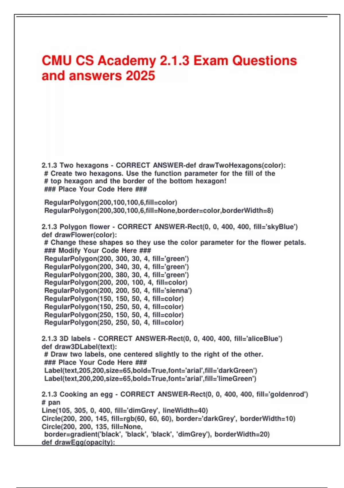 CMU CS Academy 2.1.3 Exam Questions and answers 2025. - CMU MSIS ...