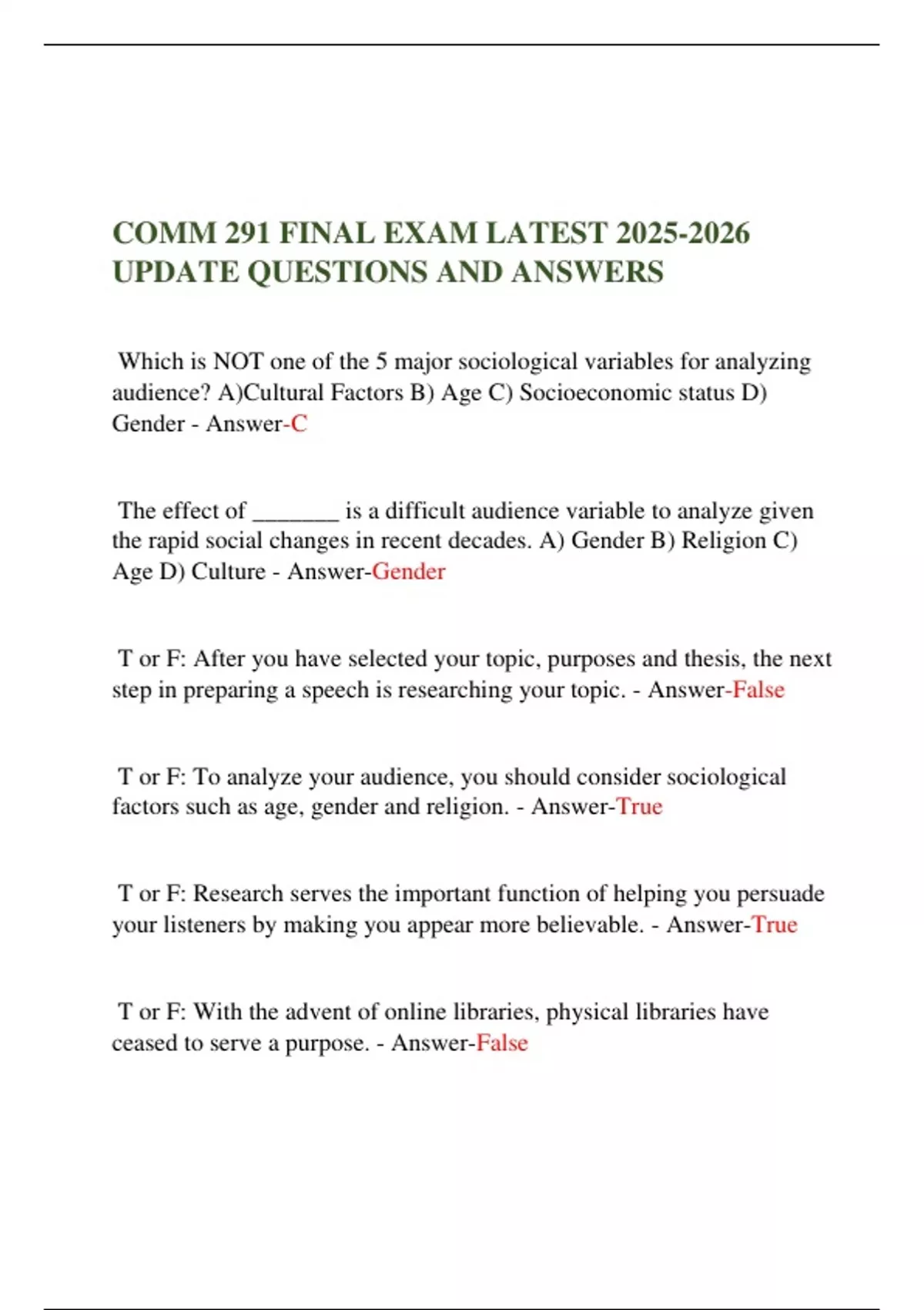 COMM 291 FINAL EXAM LATEST UPDATE QUESTIONS AND ANSWERS - COMM 291 ...