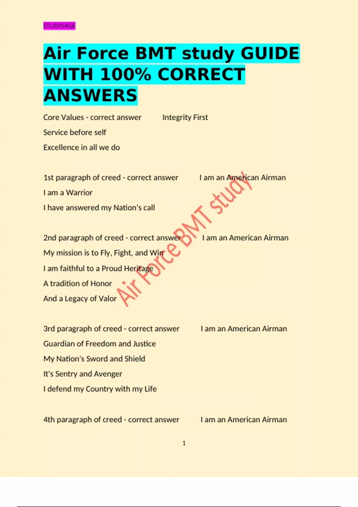 Air Force BMT study GUIDE WITH 100% CORRECT ANSWERS - Air Force BMT ...
