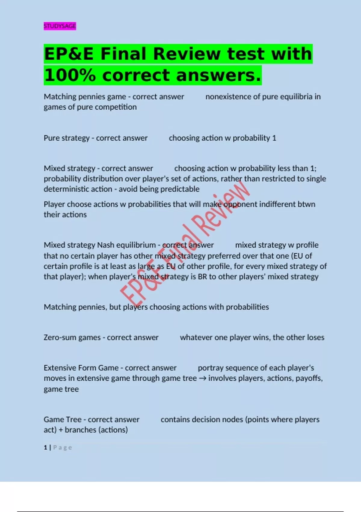 EP&E Final Review test with 100% correct answers. - EP&E - Stuvia US