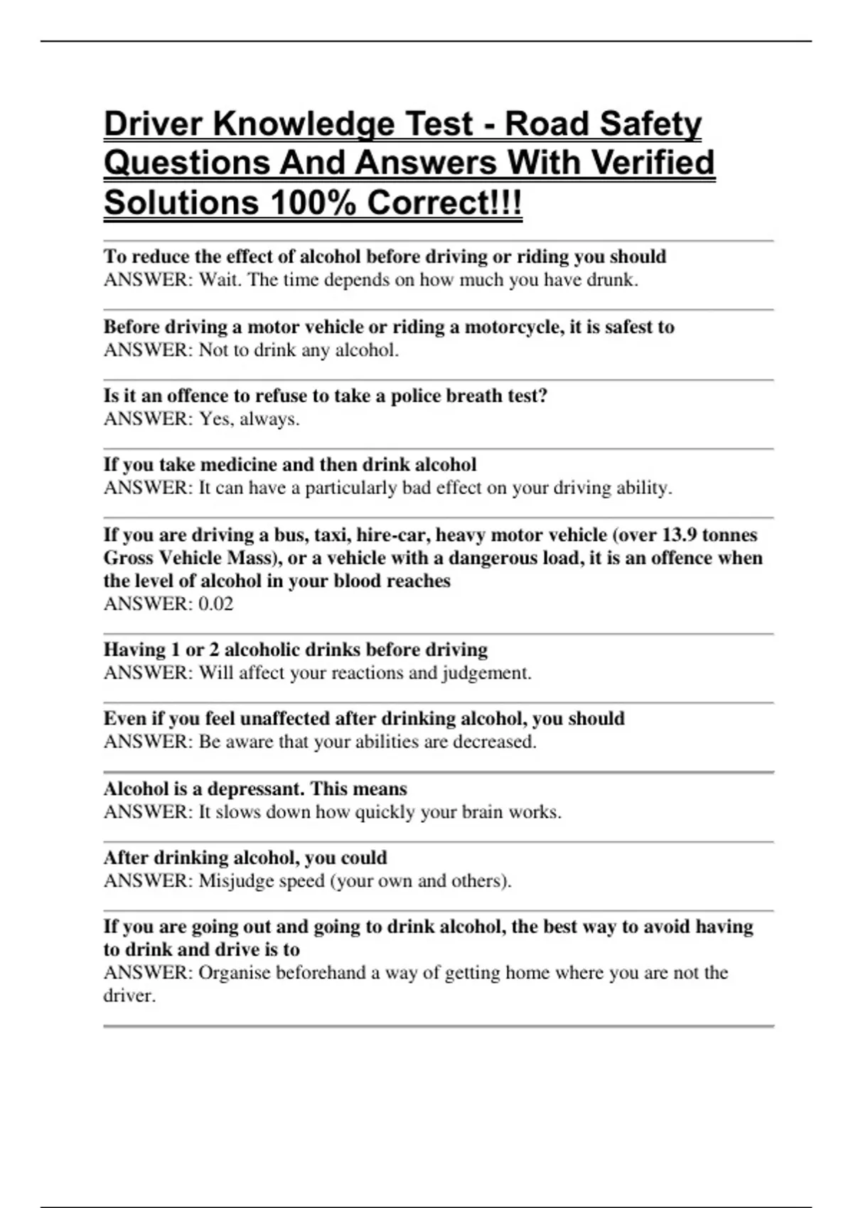 Driver Knowledge Test - Road Safety Questions And Answers With Verified ...