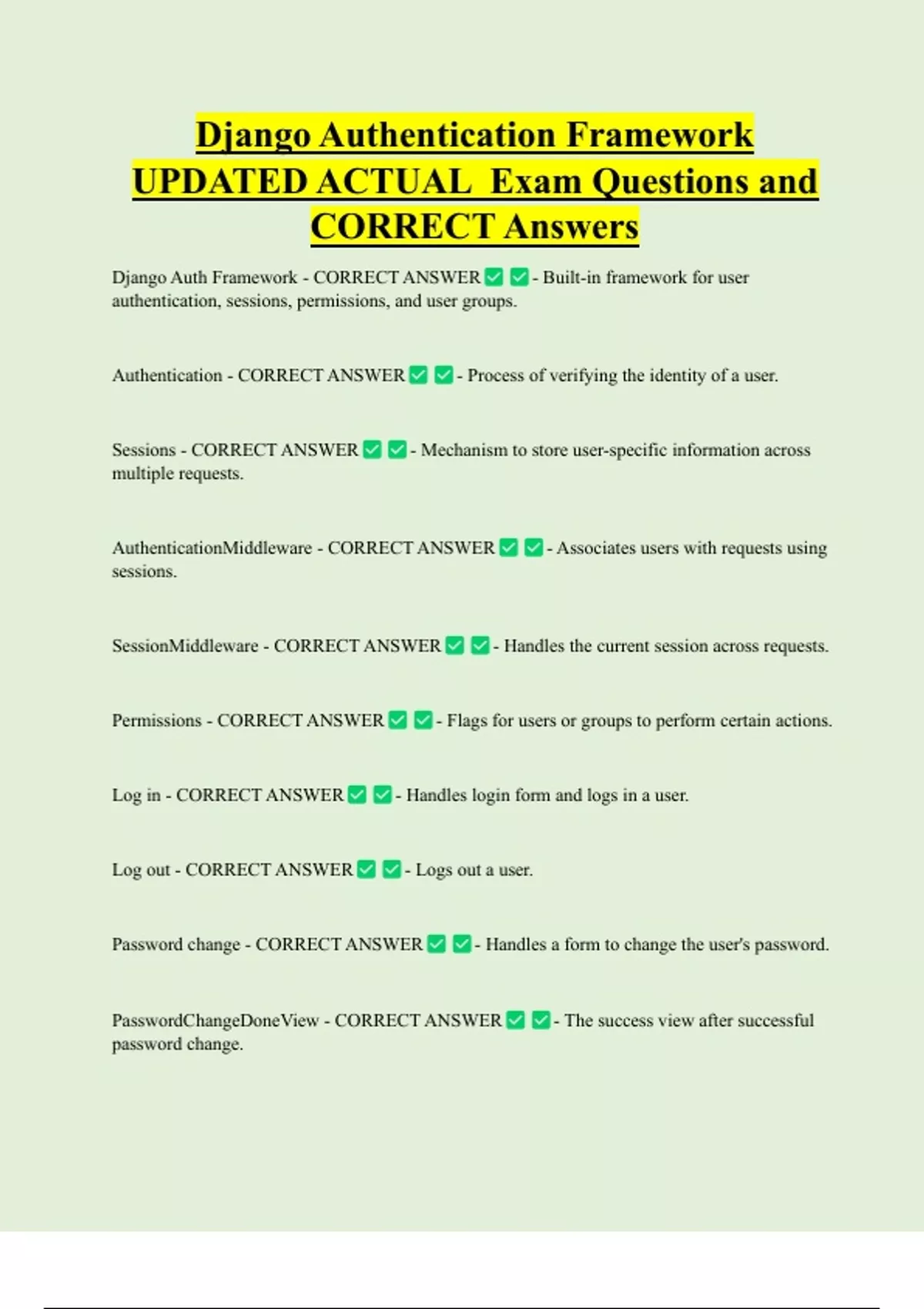 Django Authentication Framework UPDATED ACTUAL Exam Questions and ...