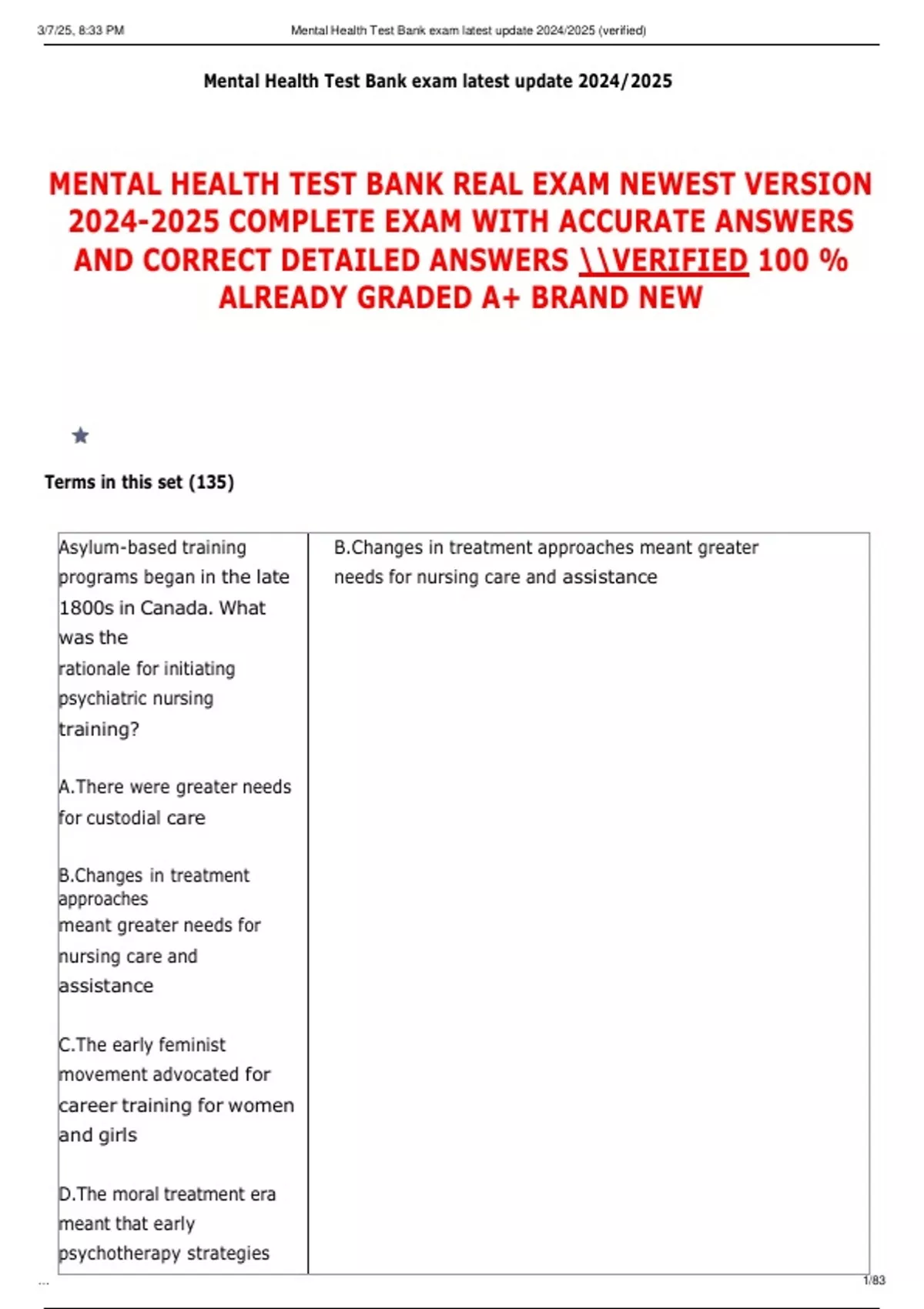MENTAL HEALTH TEST BANK REAL EXAM NEWEST VERSION COMPLETE EXAM WITH ...
