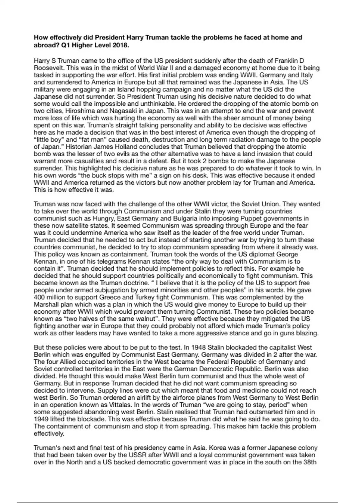 Summary H1 sample answer leaving cert history on President Truman ...