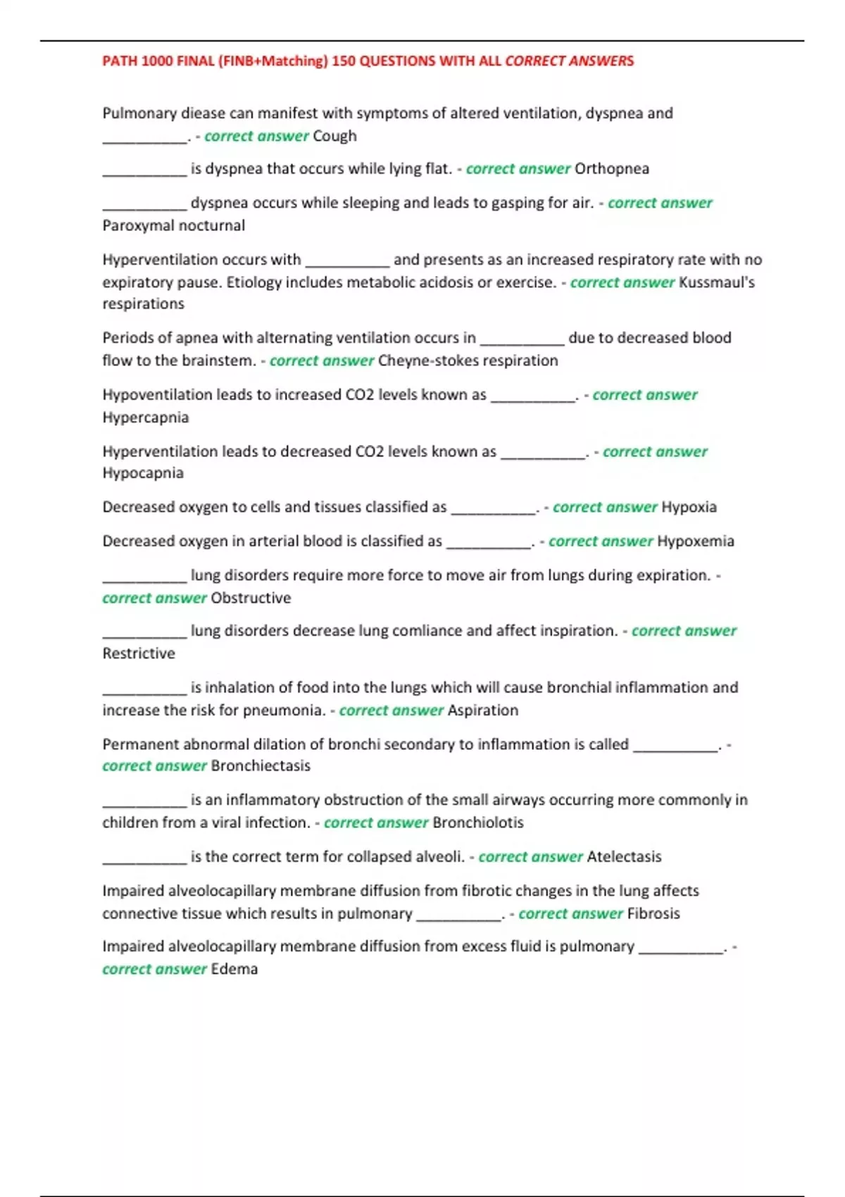 PATH 1000 FINAL (FINB+Matching) 150 QUESTIONS WITH ALL CORRECT ANSWERS ...