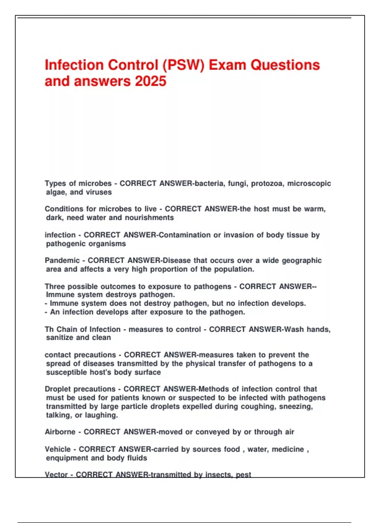 Infection Control (PSW) Exam Questions and answers 2025. - Psw - Stuvia US