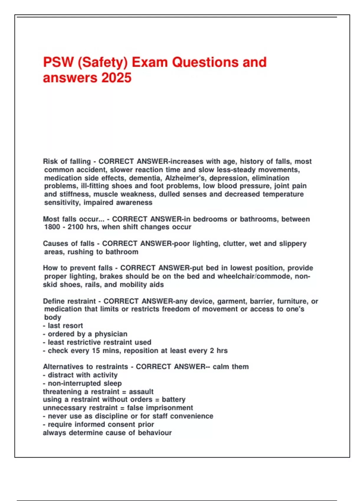 PSW (Safety) Exam Questions and answers 2025. - Psw - Stuvia US
