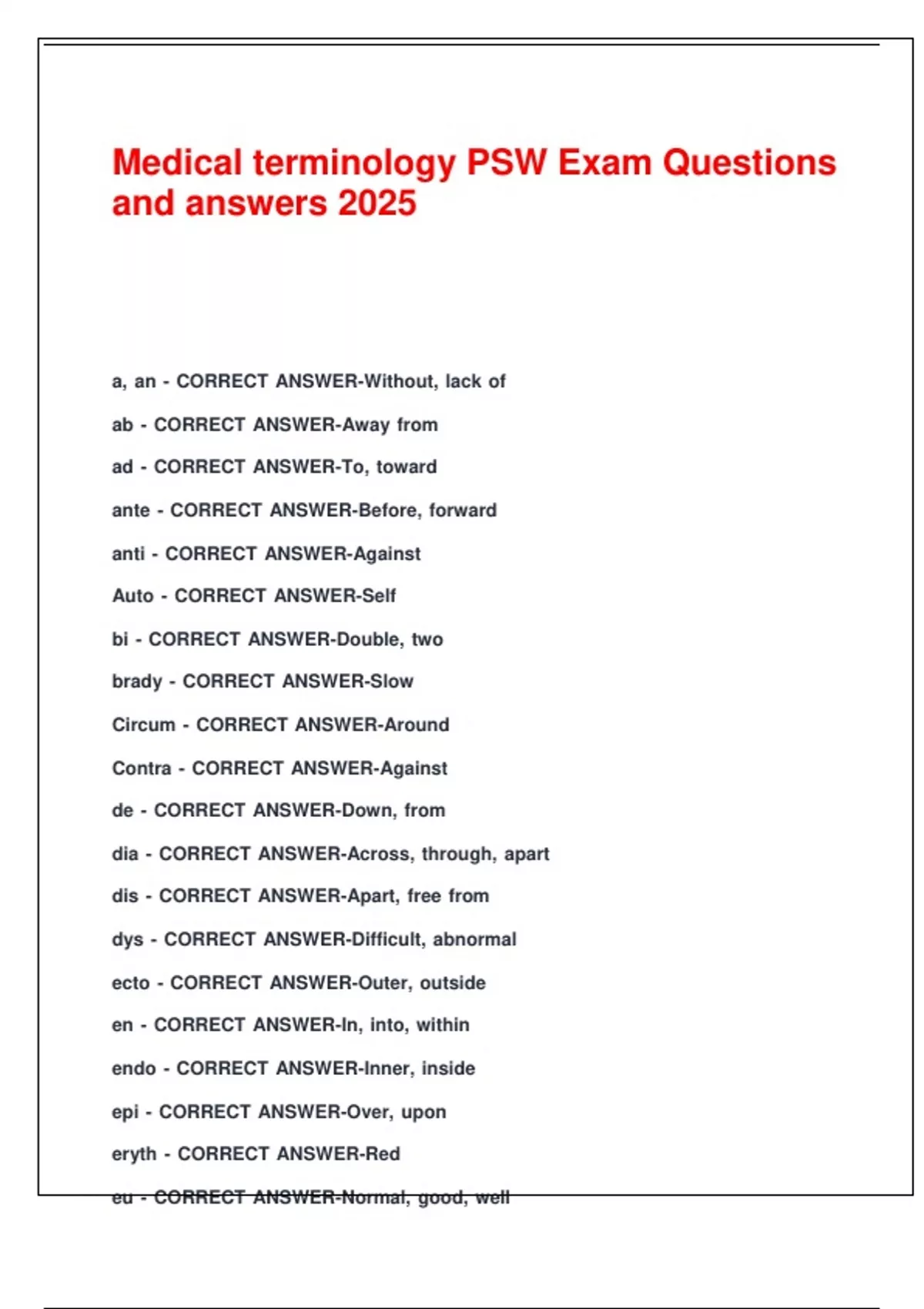 Medical terminology PSW Exam Questions and answers 2025. - Psw - Stuvia US