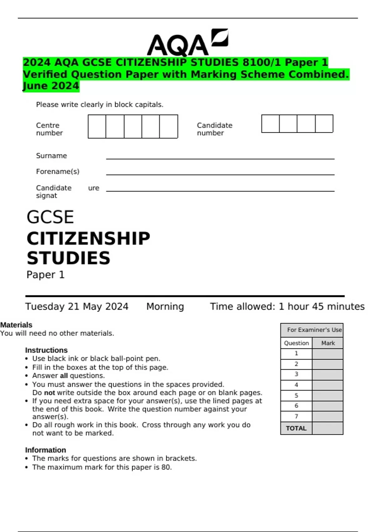 2024 AQA GCSE CITIZENSHIP STUDIES 8100/1 Paper 1 Verified Question ...