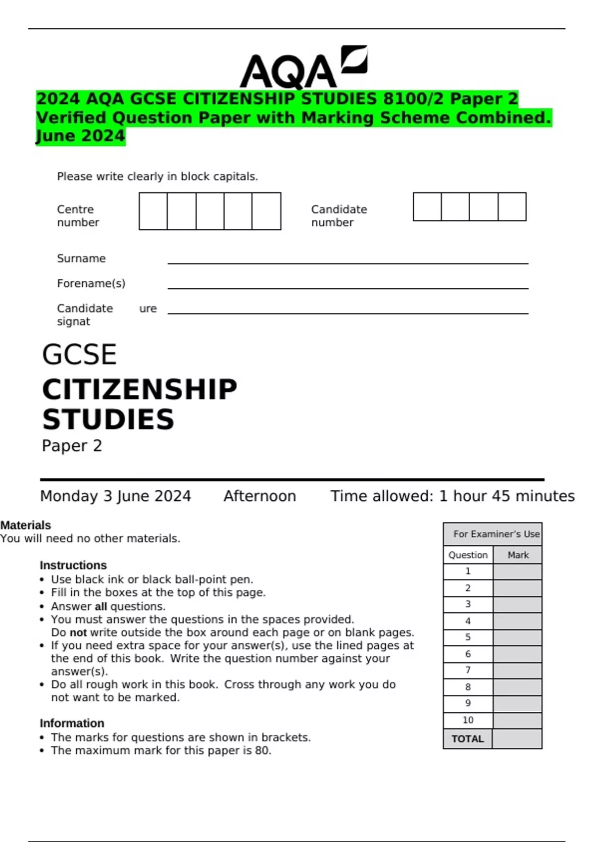 2024 AQA GCSE CITIZENSHIP STUDIES 8100/2 Paper 2 Verified Question ...