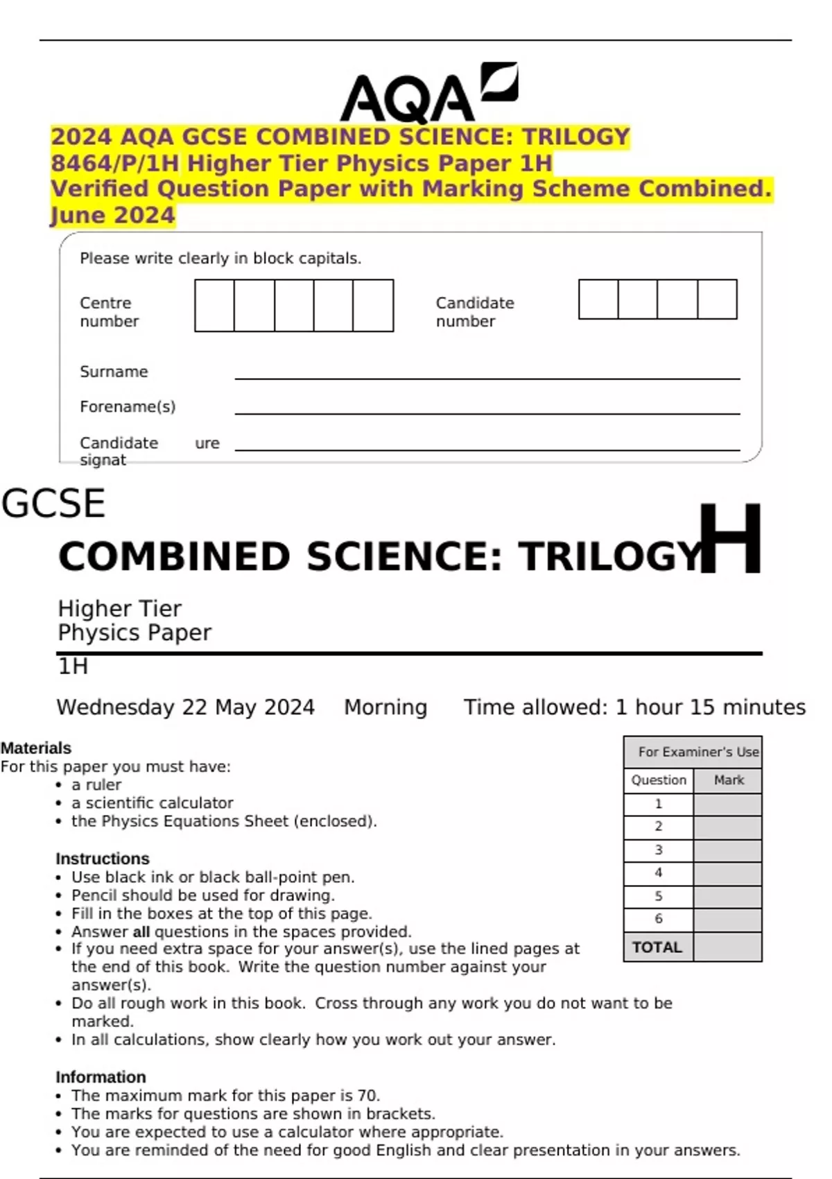 2024 AQA GCSE COMBINED SCIENCE: TRILOGY 8464/P/1H Higher Tier Physics ...