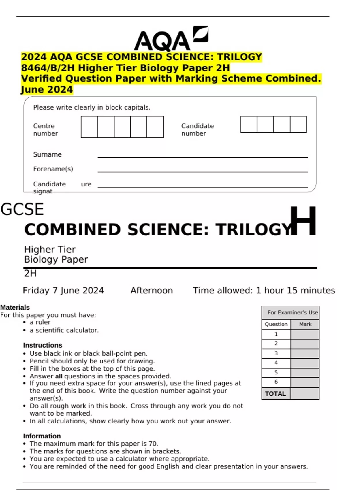 2024 AQA GCSE COMBINED SCIENCE: TRILOGY 8464/B/2H Higher Tier Biology ...