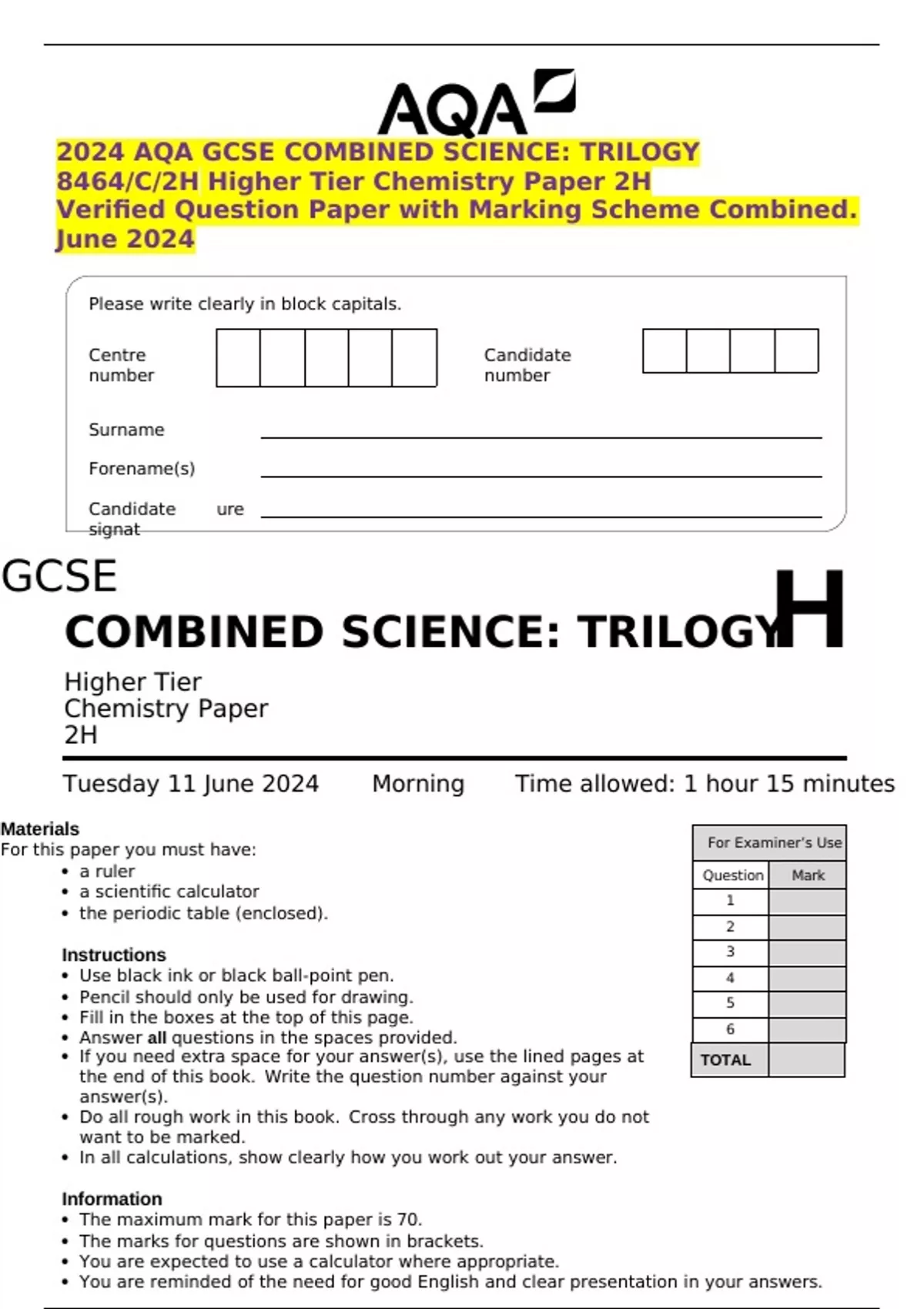2024 AQA GCSE COMBINED SCIENCE: TRILOGY 8464/C/2H Higher Tier Chemistry ...